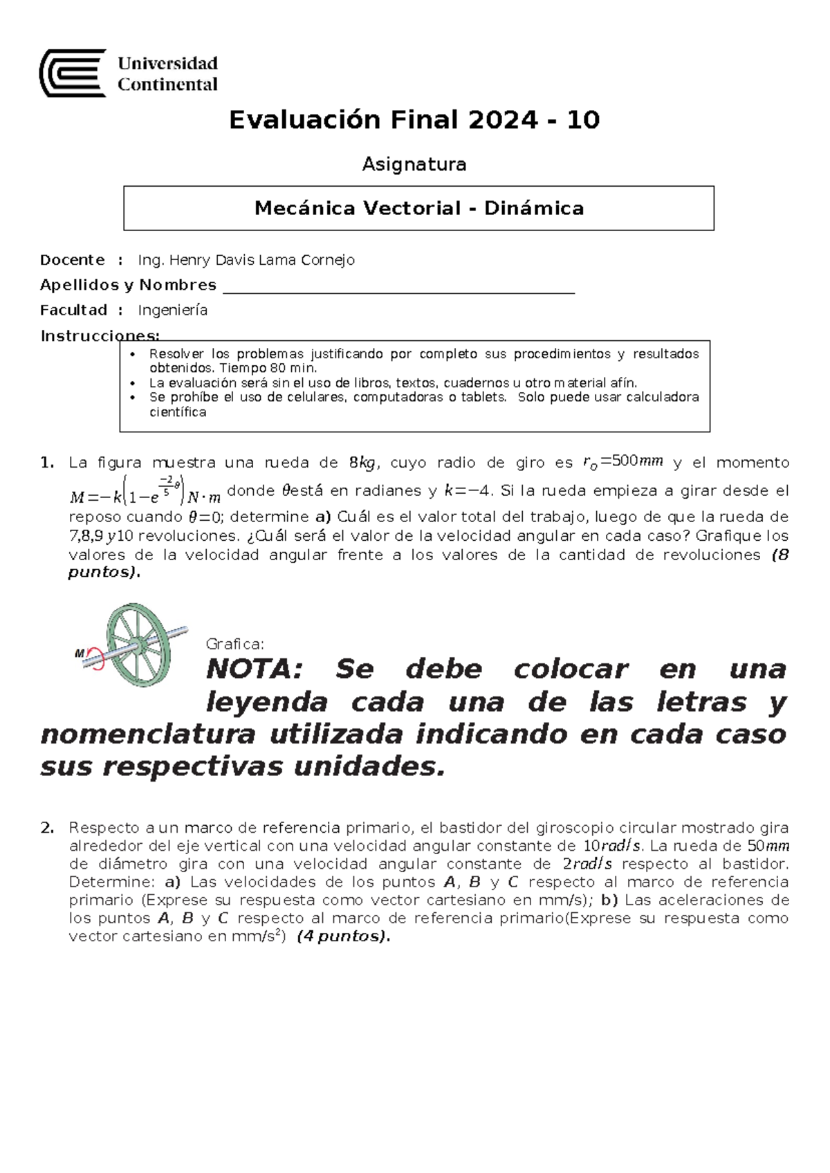 Solucionario Evaluación Final Mecánica Vectorial Dinámica 2024-10 - Evaluación Final 2024 - 10 ...