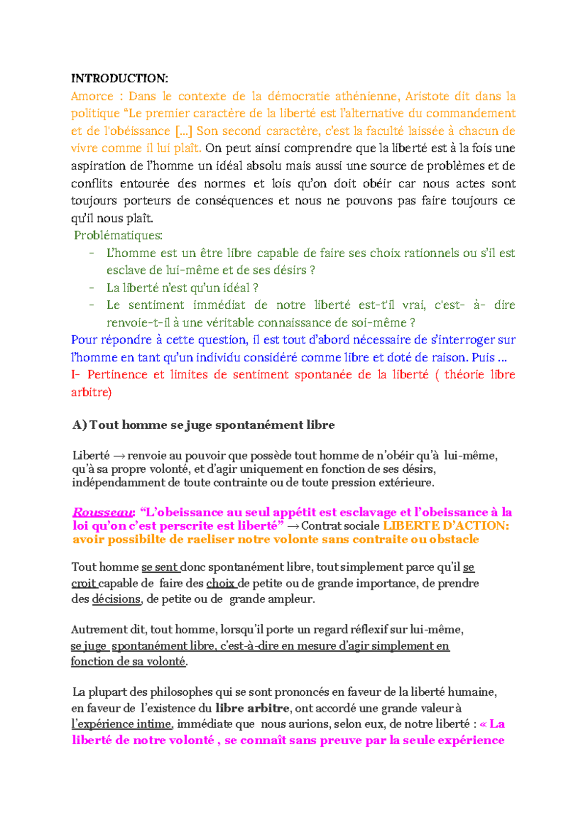 La Liberte Philo - Fiche de révision dissertatio - INTRODUCTION: Amorce ...