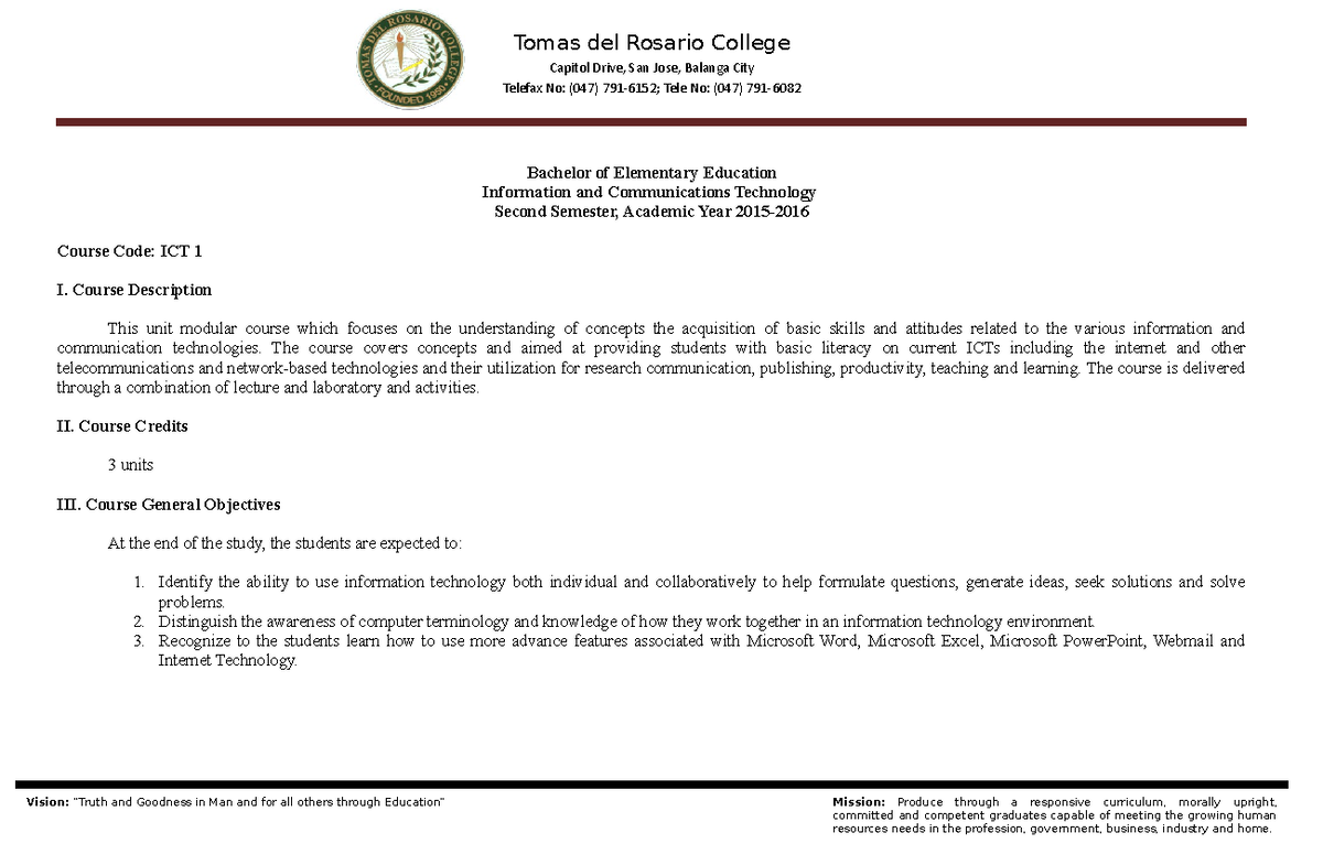 Syllabus ICT1 Information and Communications Technology - Capitol Drive ...