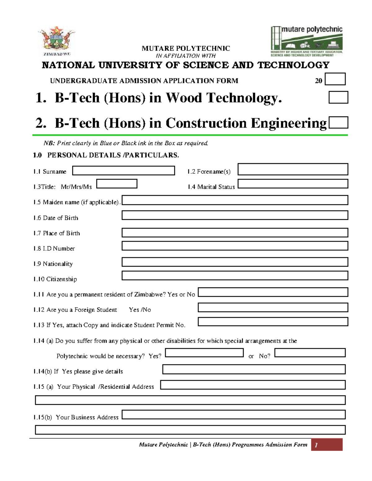 Undergraduate B-Tech Admission Application 2016 1 - MUTARE POLYTECHNIC ...