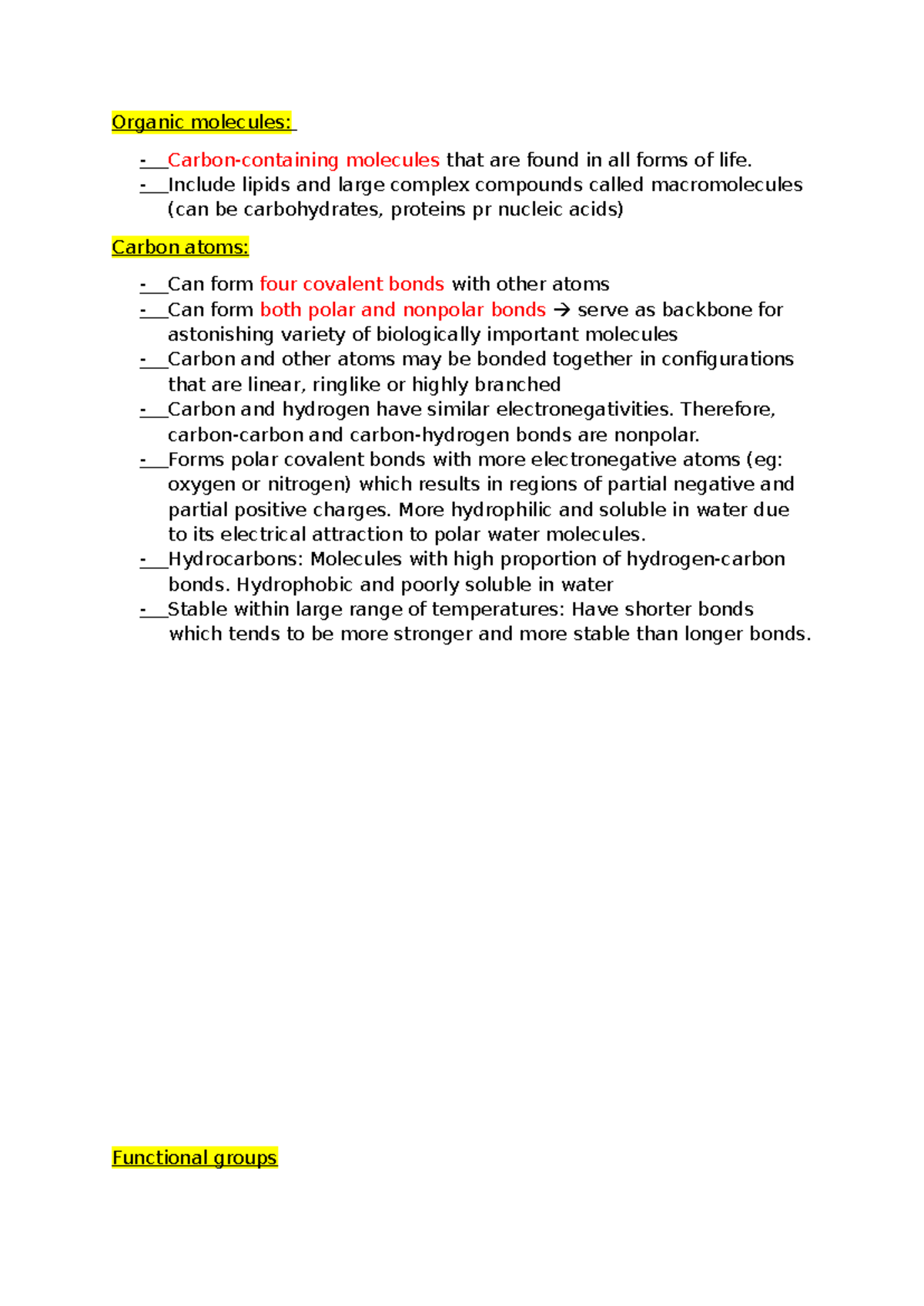 Bio Organic Molecules - self study notes - Organic molecules: - Carbon ...