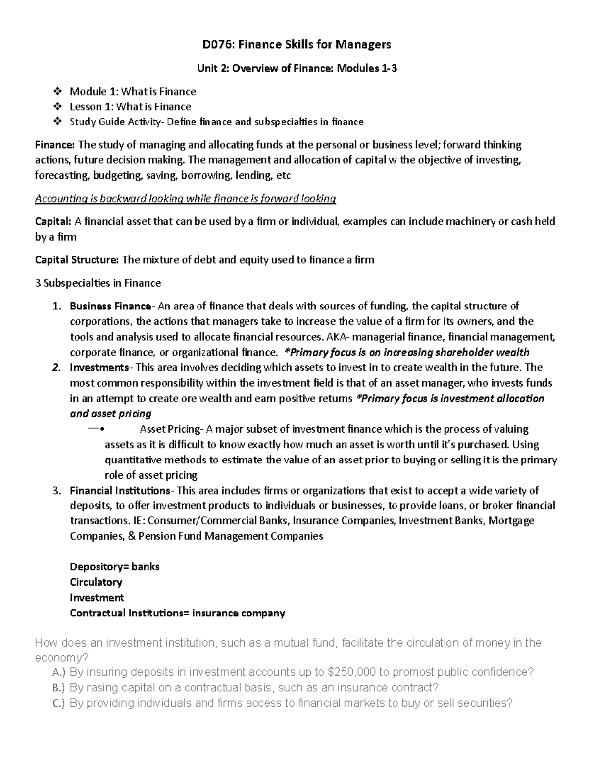 D076- Notes 5.17.2021 Completed - D076: Finance Skills for Managers ...