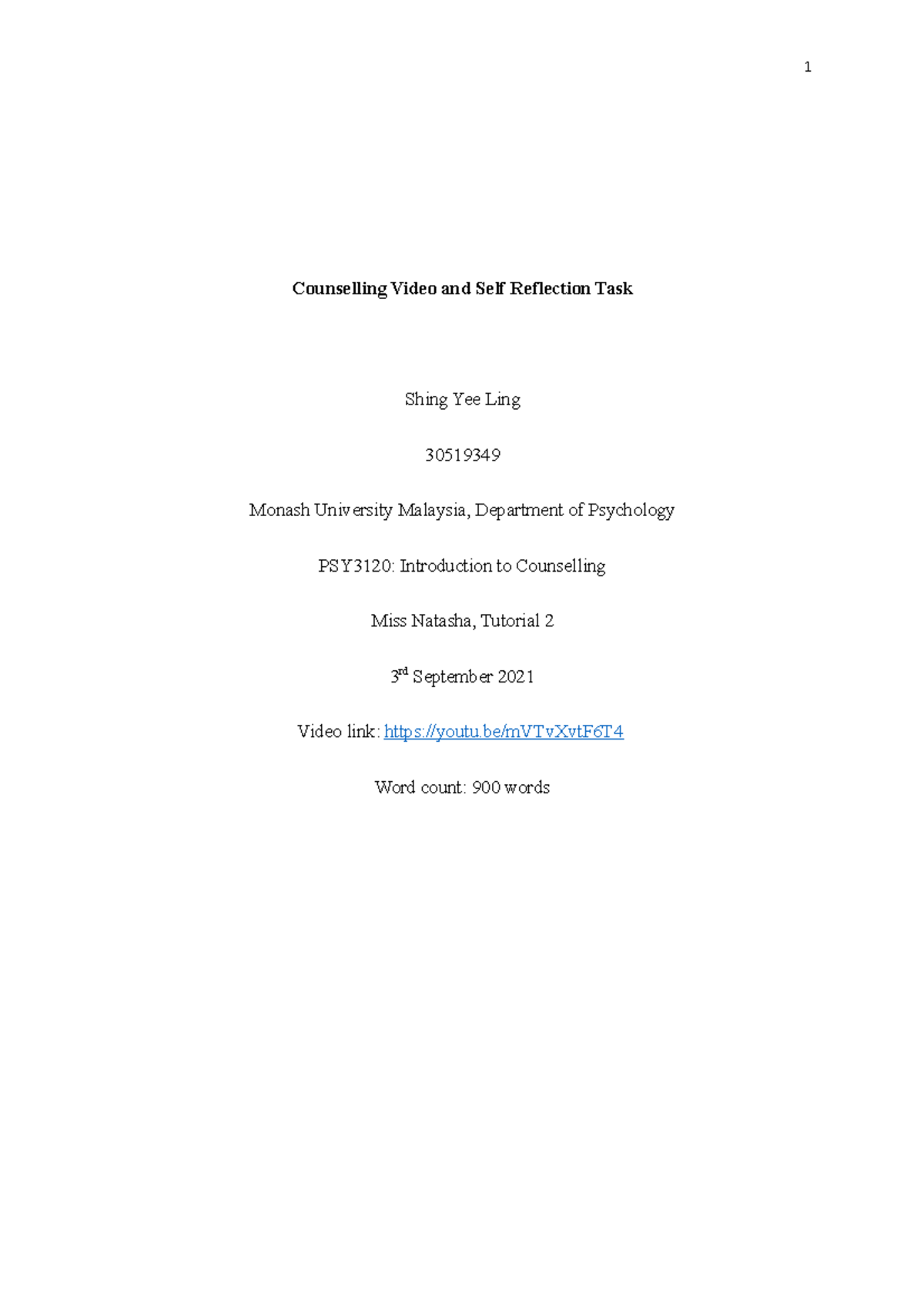 Counselling Video and Self Reflection Task - PSY3120 - Monash - Studocu