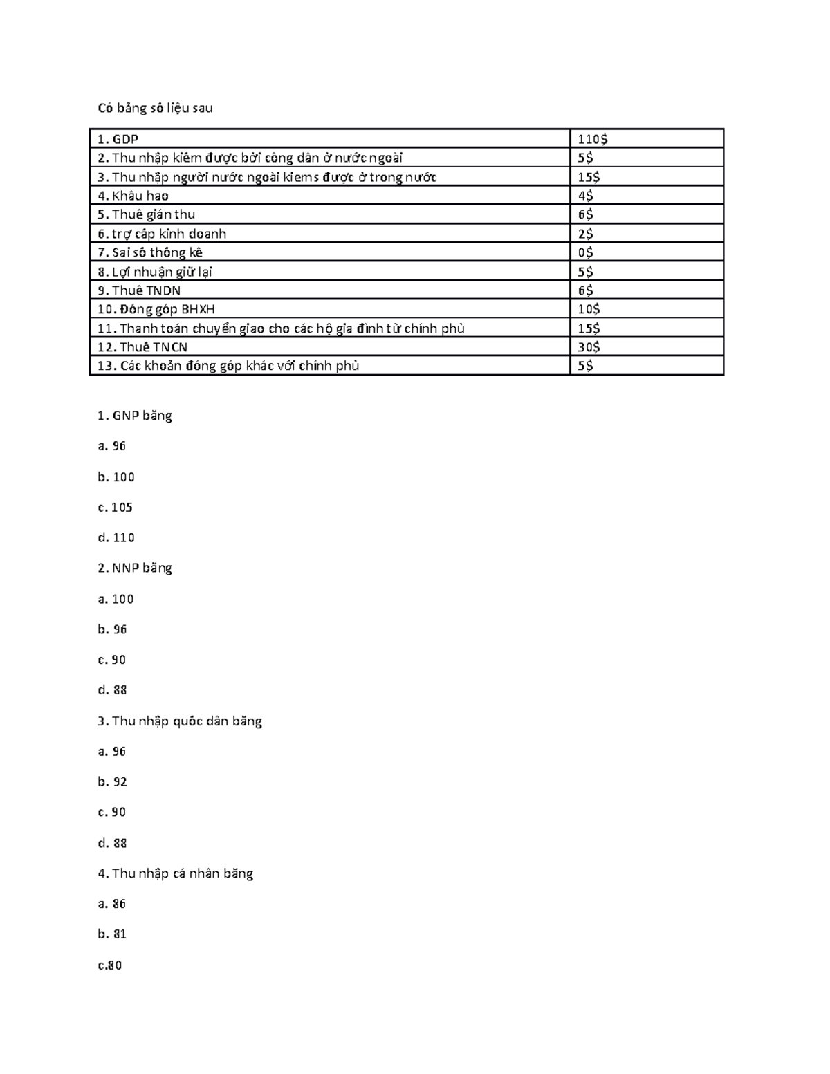 Chỉ tiêu đo lường thu nhập khác - Có b ng sốố li u sauả ệ GDP 110$ Thu nh p kiếốm đậ ược b i ...