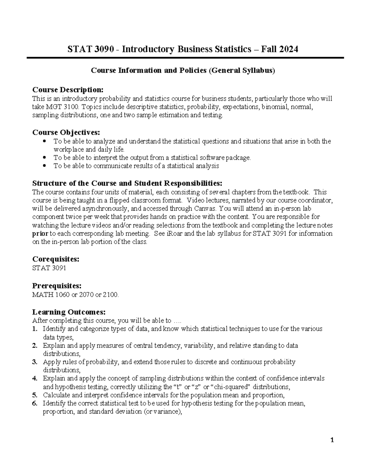STAT 3090 General Syllabus F24 - STAT 3090 - Introductory Business Statistics – Fall 2024 Course ...