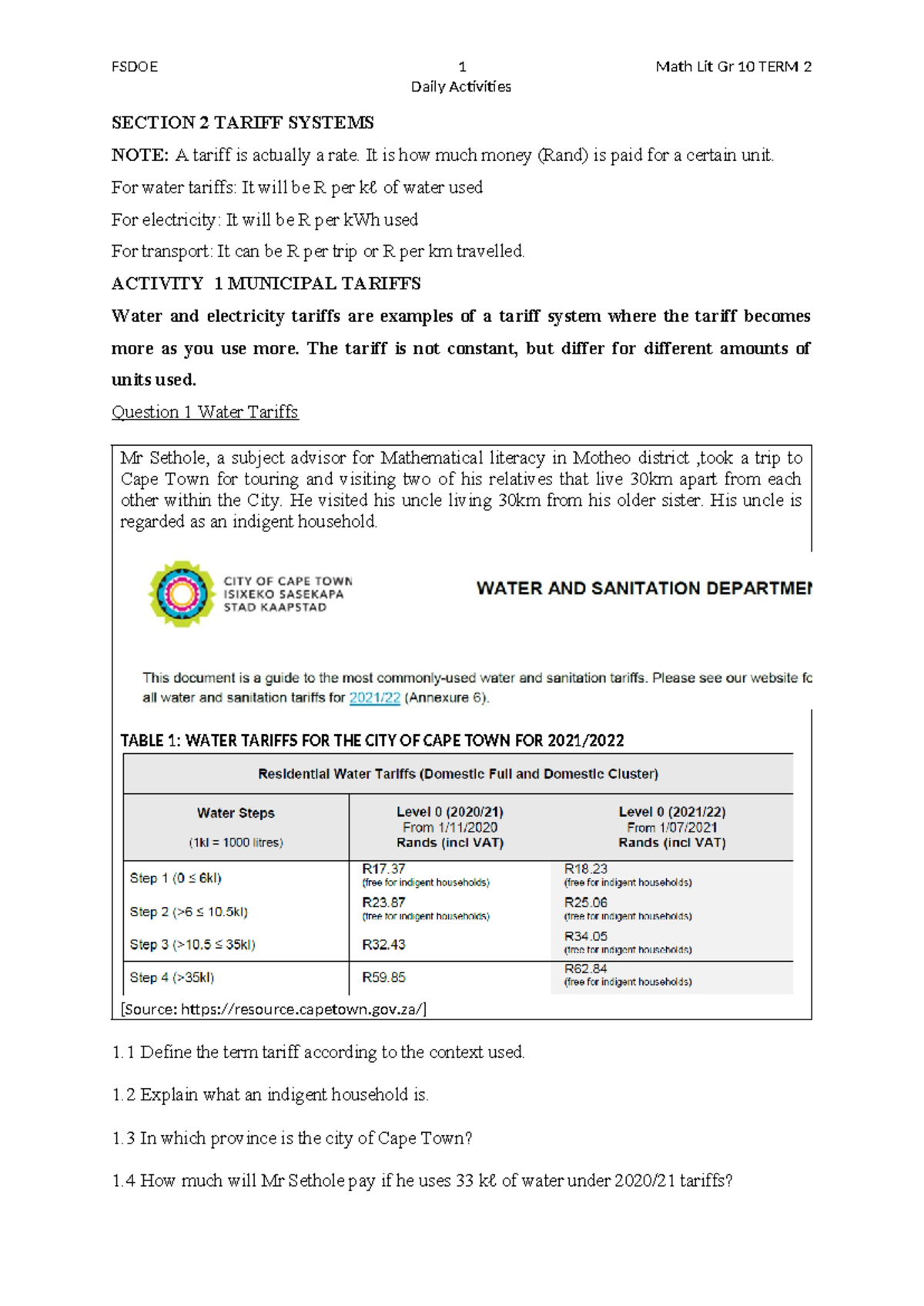 TERM 2 Daily Activities Section 2 Tariff Systems - Daily Activities SECTION 2 TARIFF SYSTEMS ...
