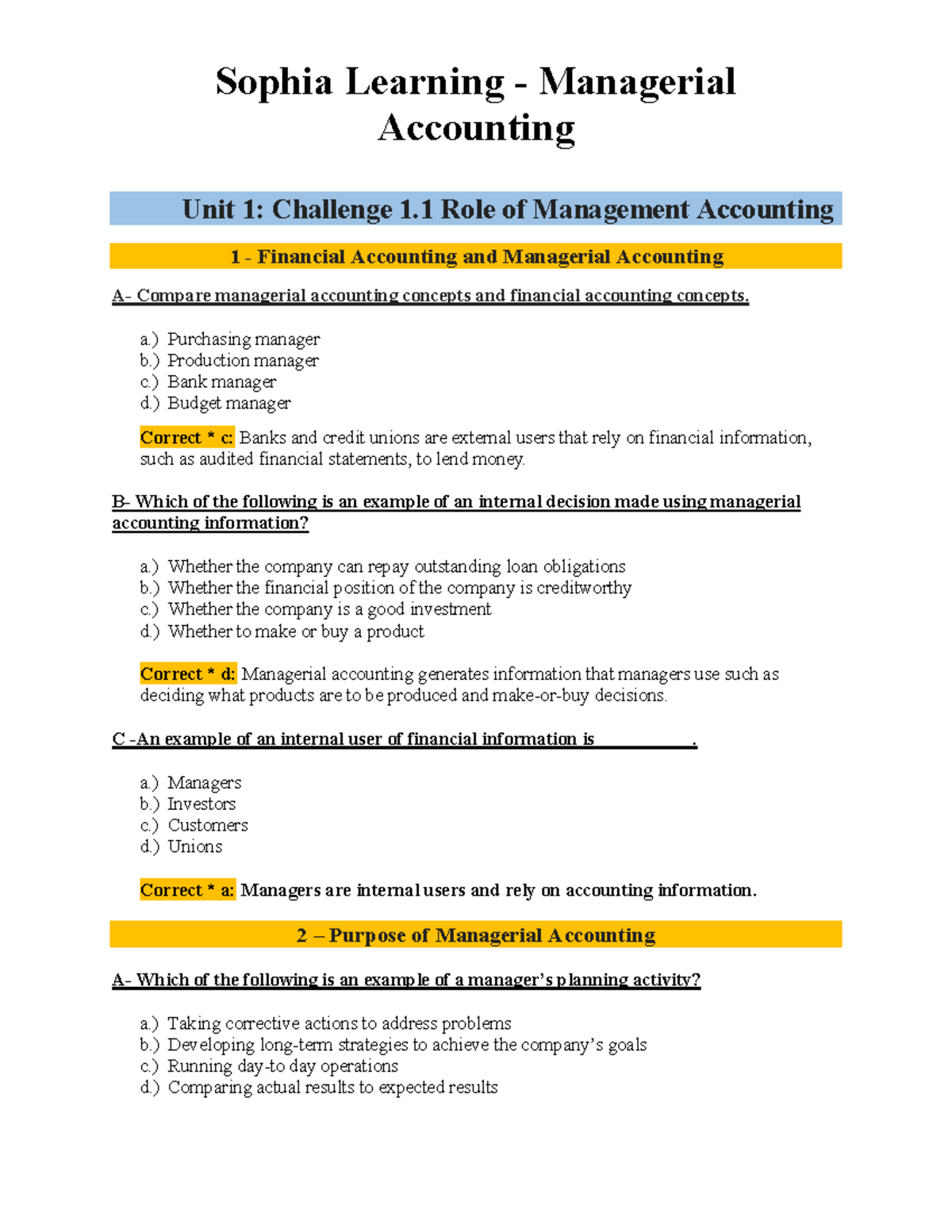 Sophia Learning -Managerial Accounting Unit 1 - Accounting Unit 1 ...