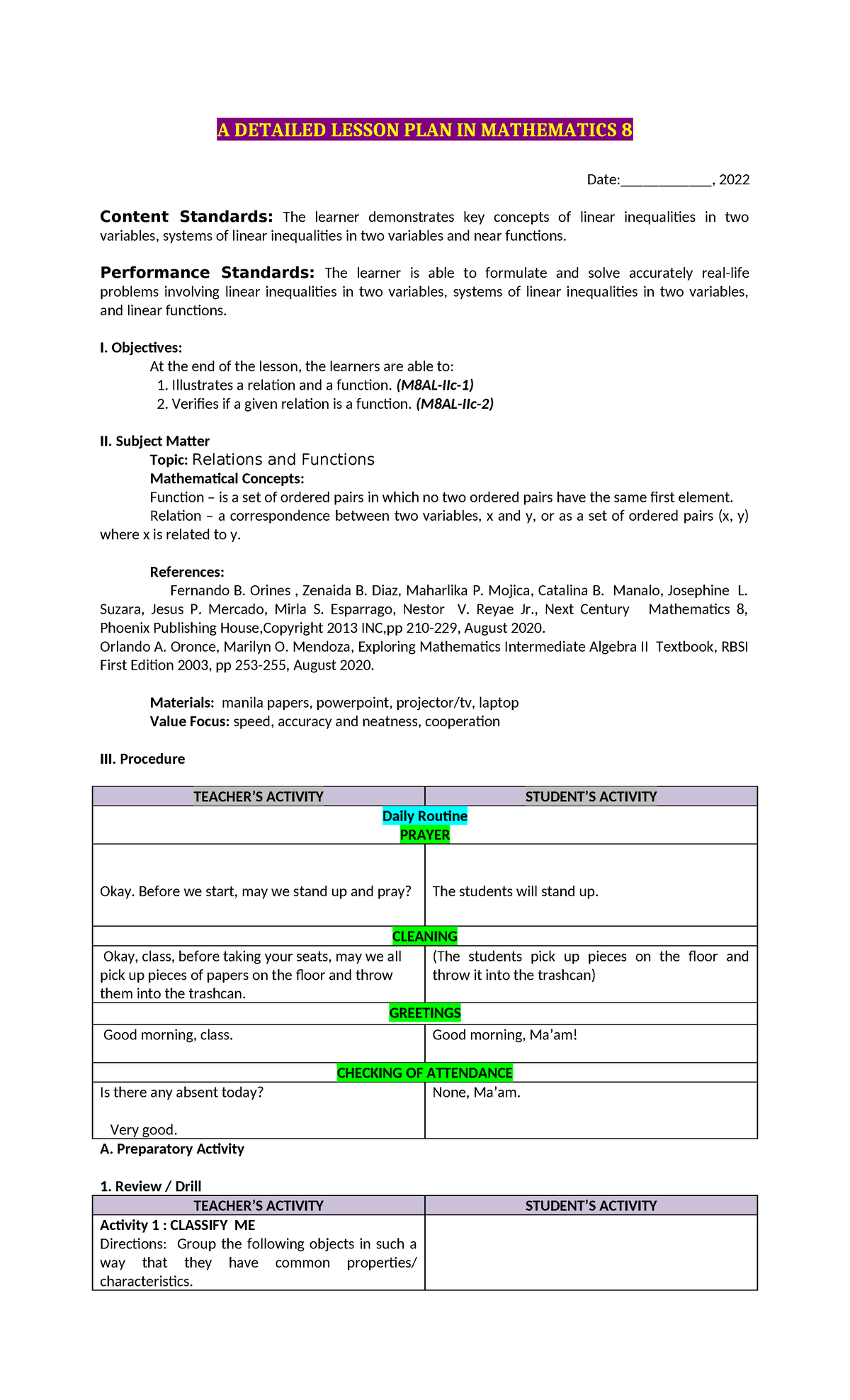A Detailed Lesson PLAN IN Mathematics 8 1 - A DETAILED LESSON PLAN IN ...