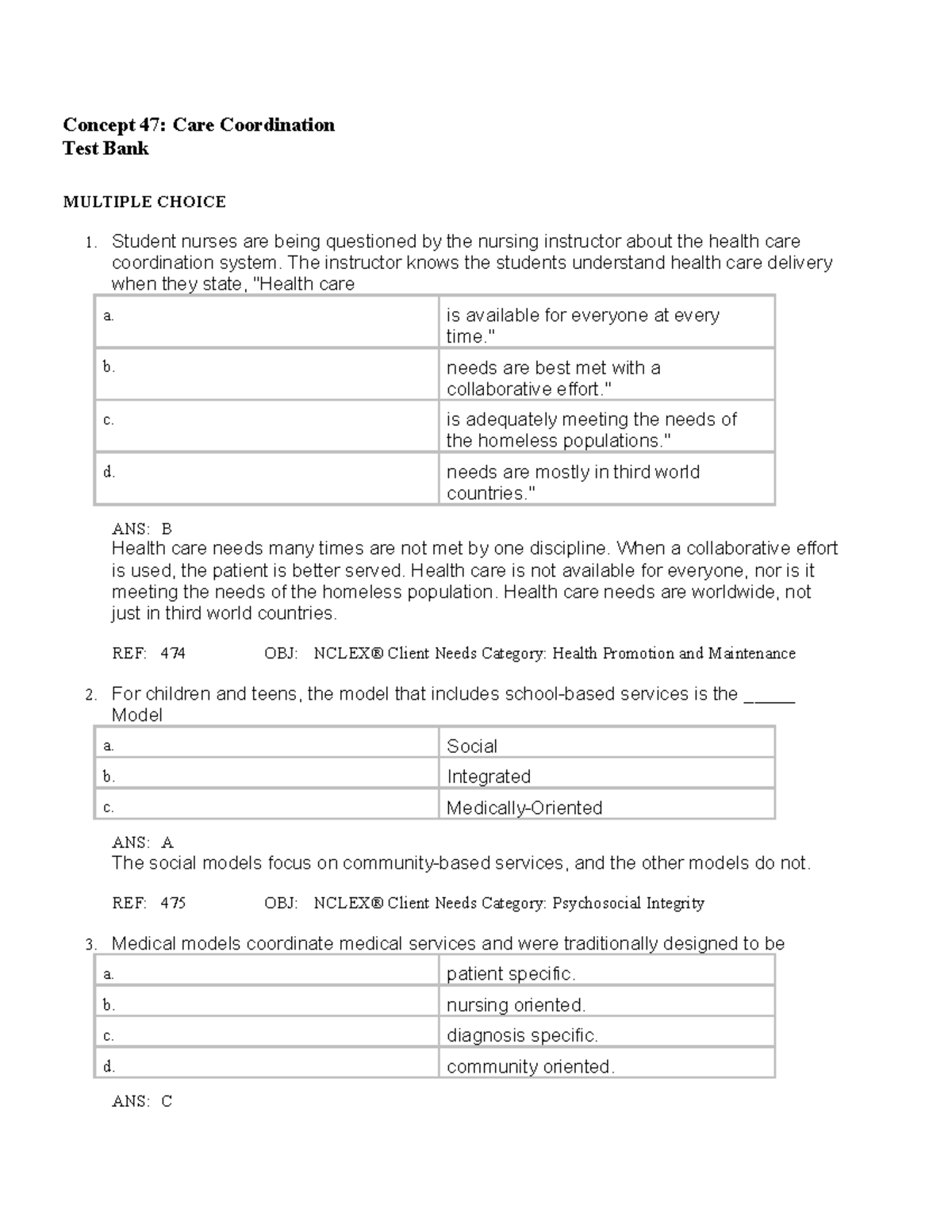 Concept 47 care coordination - Concept 47: Care Coordination Test Bank ...