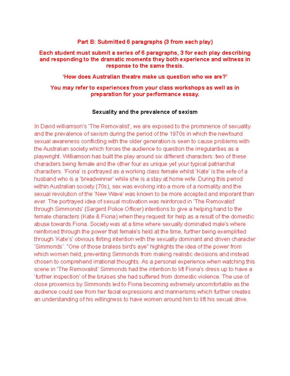 Drama Assessment - Part B: Submitted 6 paragraphs (3 from each play ...
