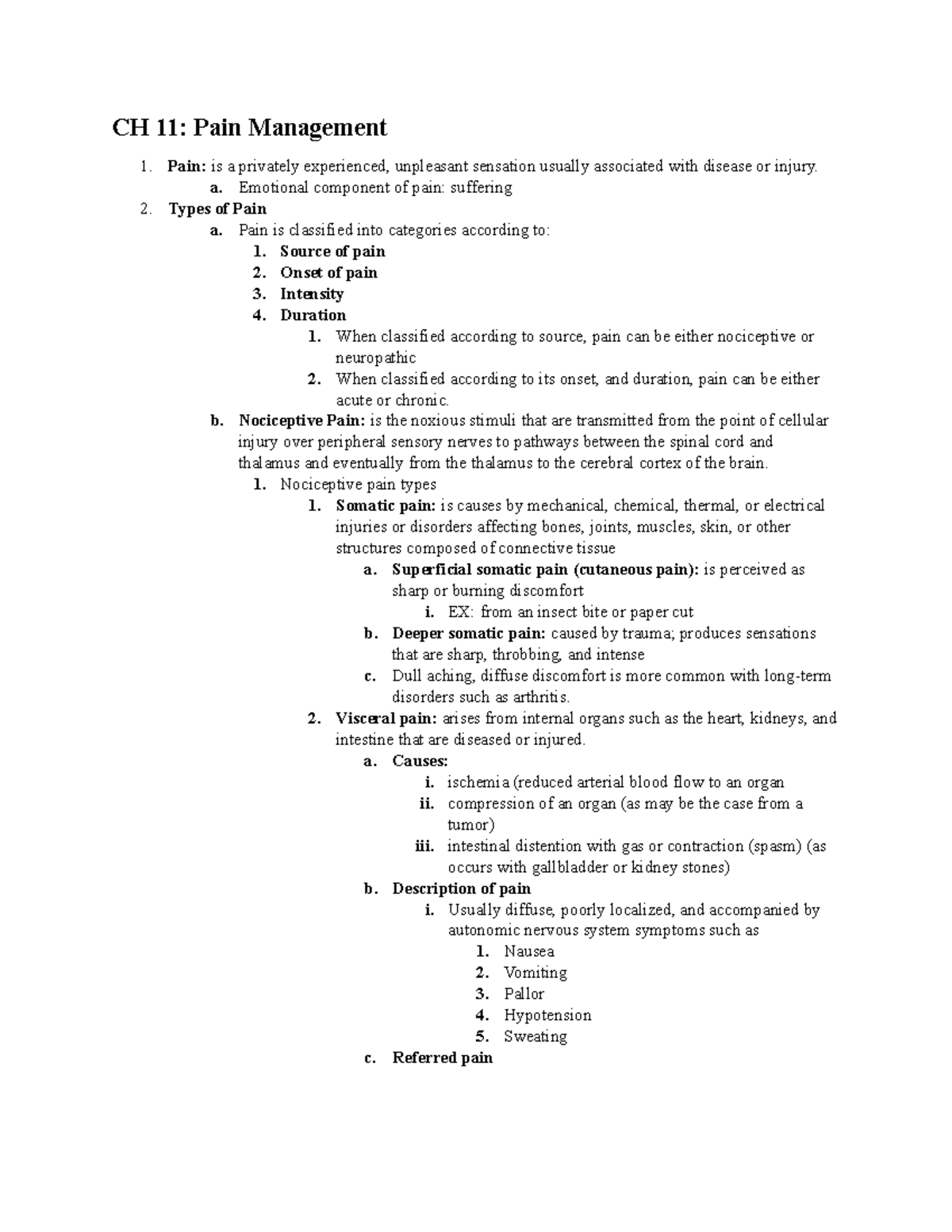 CH 11 study guide - Chapter notes and terms - CH 11: Pain Management ...
