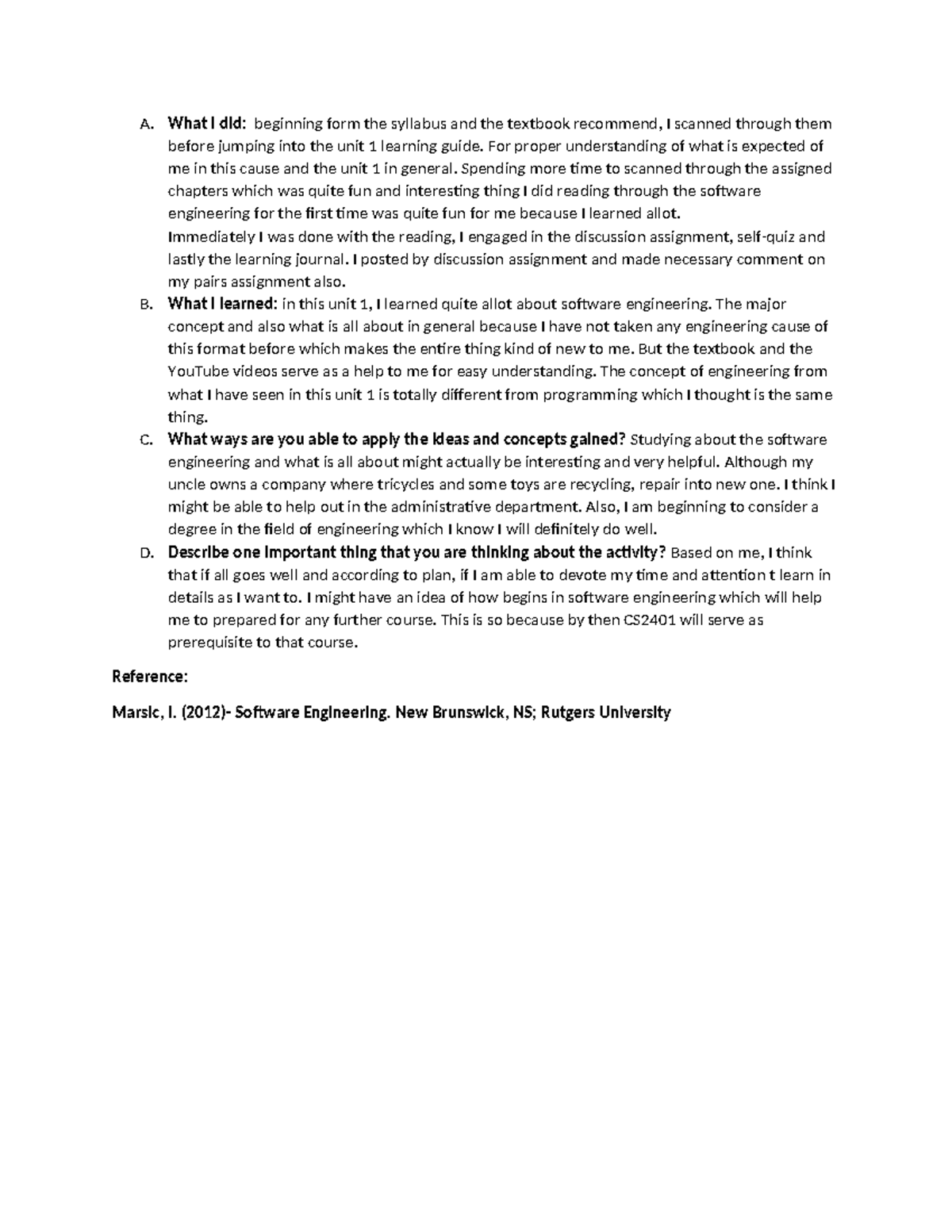 Cs2401 unit 1 learning journal - A. What I did: beginning form the syllabus and the textbook ...