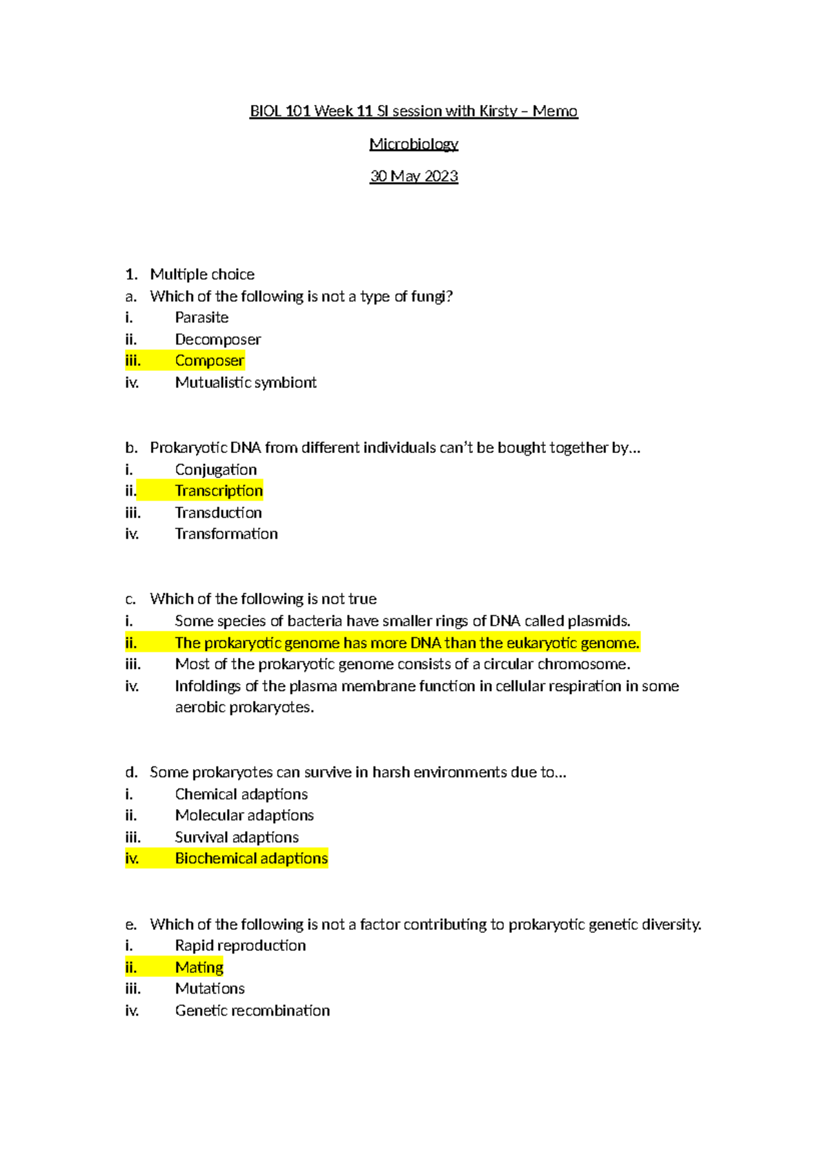 Worksheet 11 - microbiology - BIOL 101 Week 11 SI session with Kirsty ...