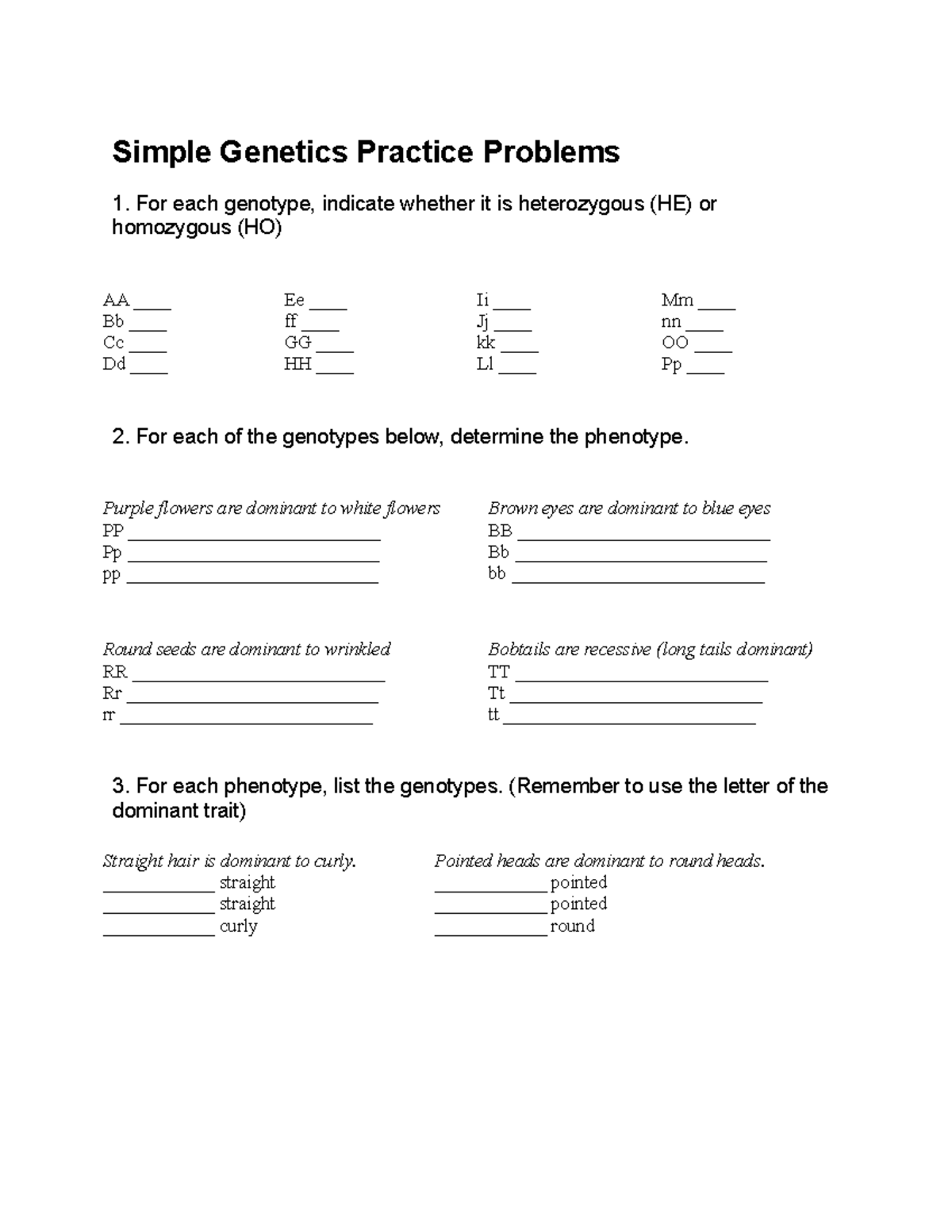 Simple Genetics Practice Problems - For each genotype, indicate whether ...