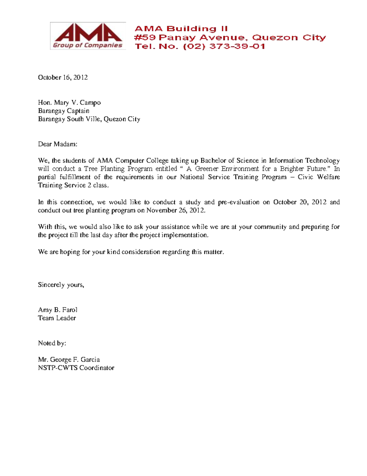 Week 11-12 - Sample Letter to the Barangay - October 16, 2012 Hon. Mary ...