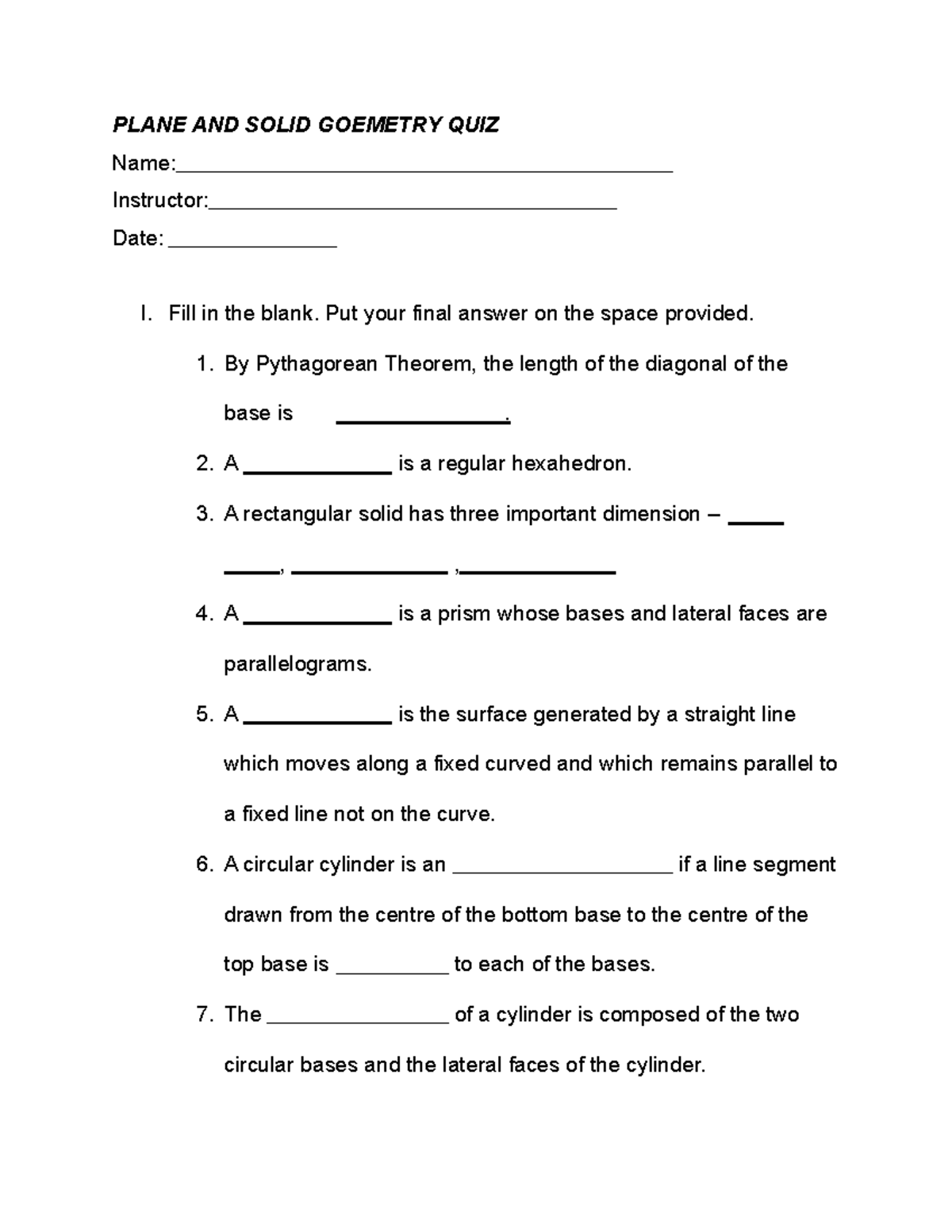 Plane AND Solid Goemetry QUIZ - PLANE AND SOLID GOEMETRY QUIZ Name ...