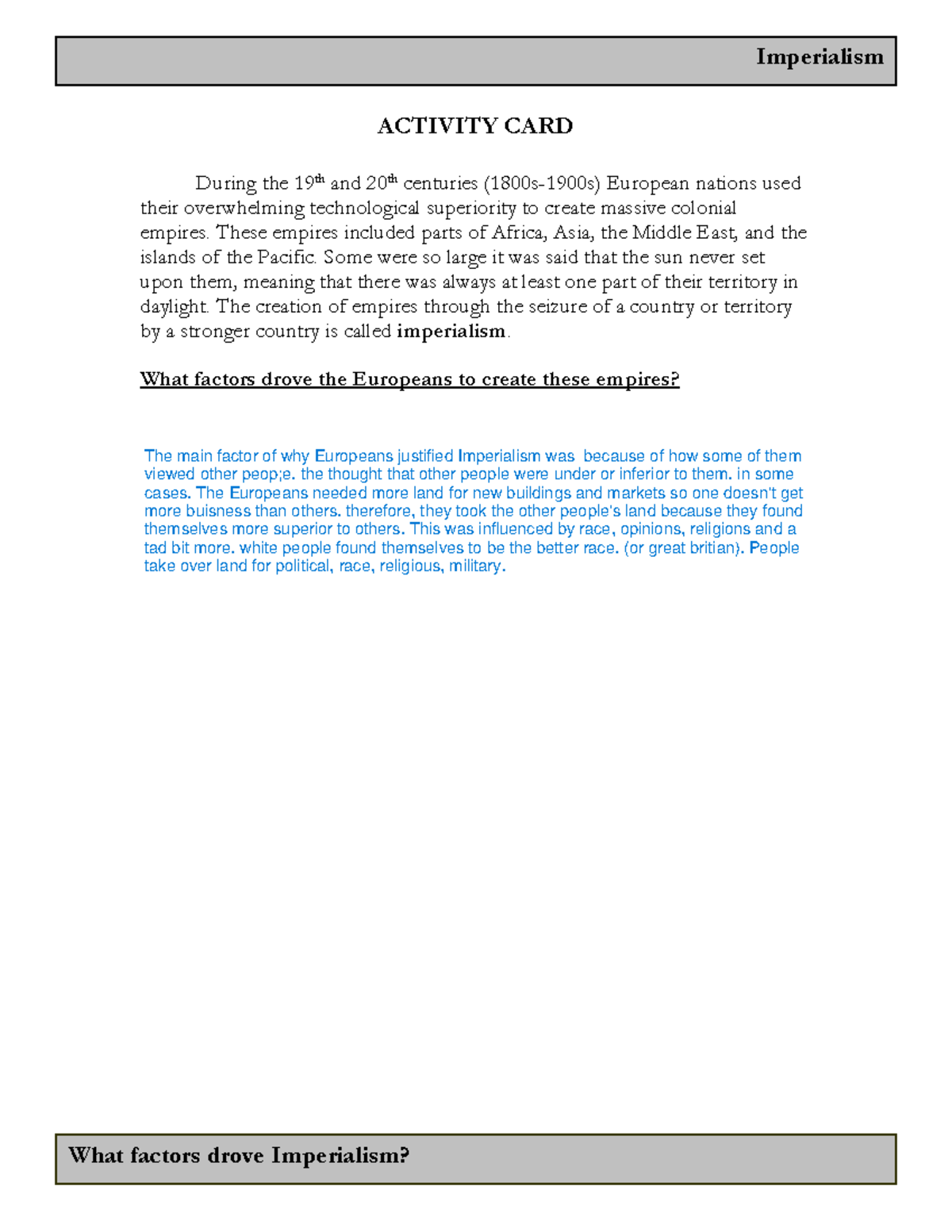 Imperialism DBQ - ACTIVITY CARD During the 19th and 20th centuries ...