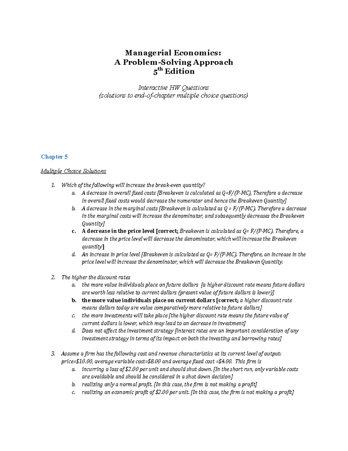 EOC Multiple Choice Problems KEY - Managerial Economics: A Problem-Solving Approach 5 th Edition ...