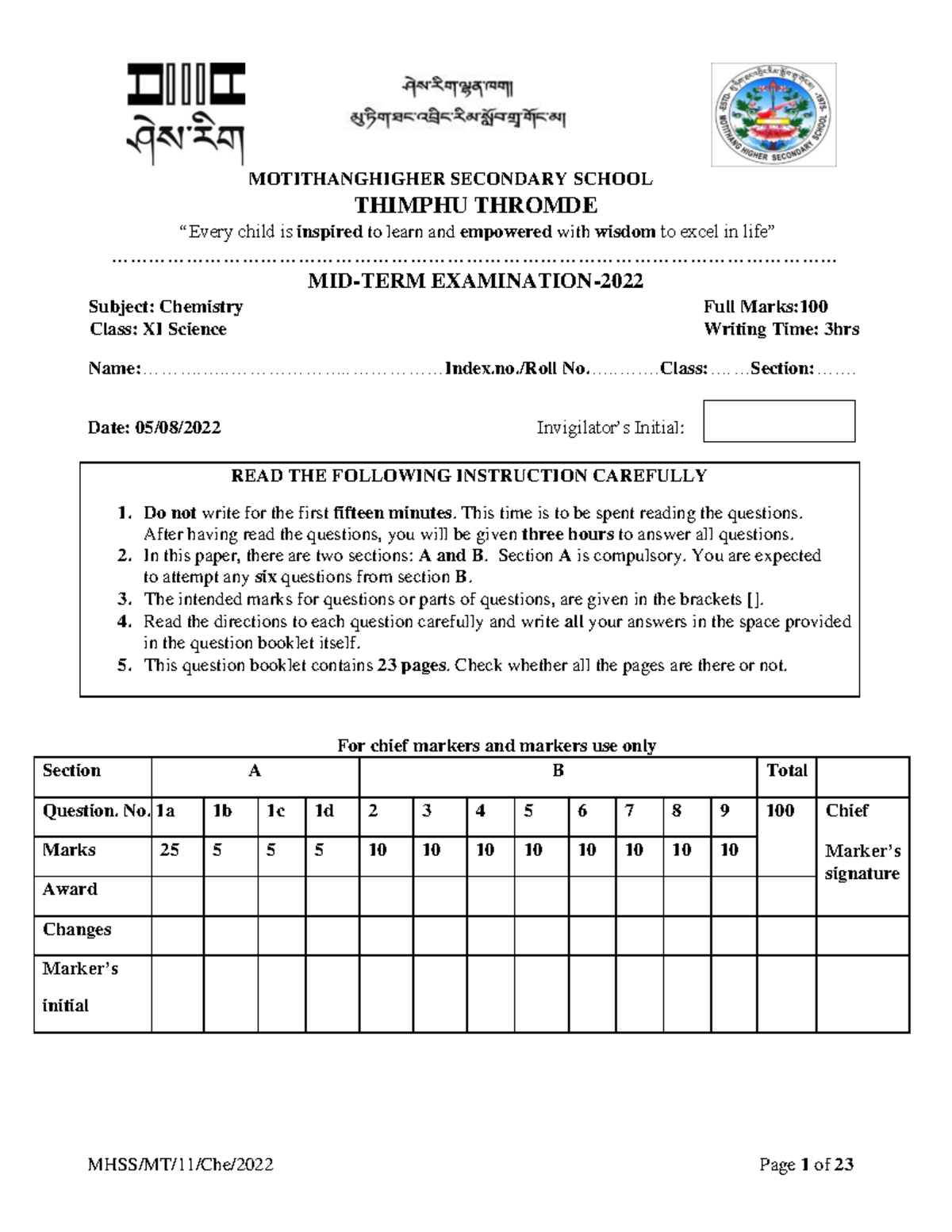 11 Chemitry - Heheh - MOTITHANGHIGHER SECONDARY SCHOOL THIMPHU THROMDE