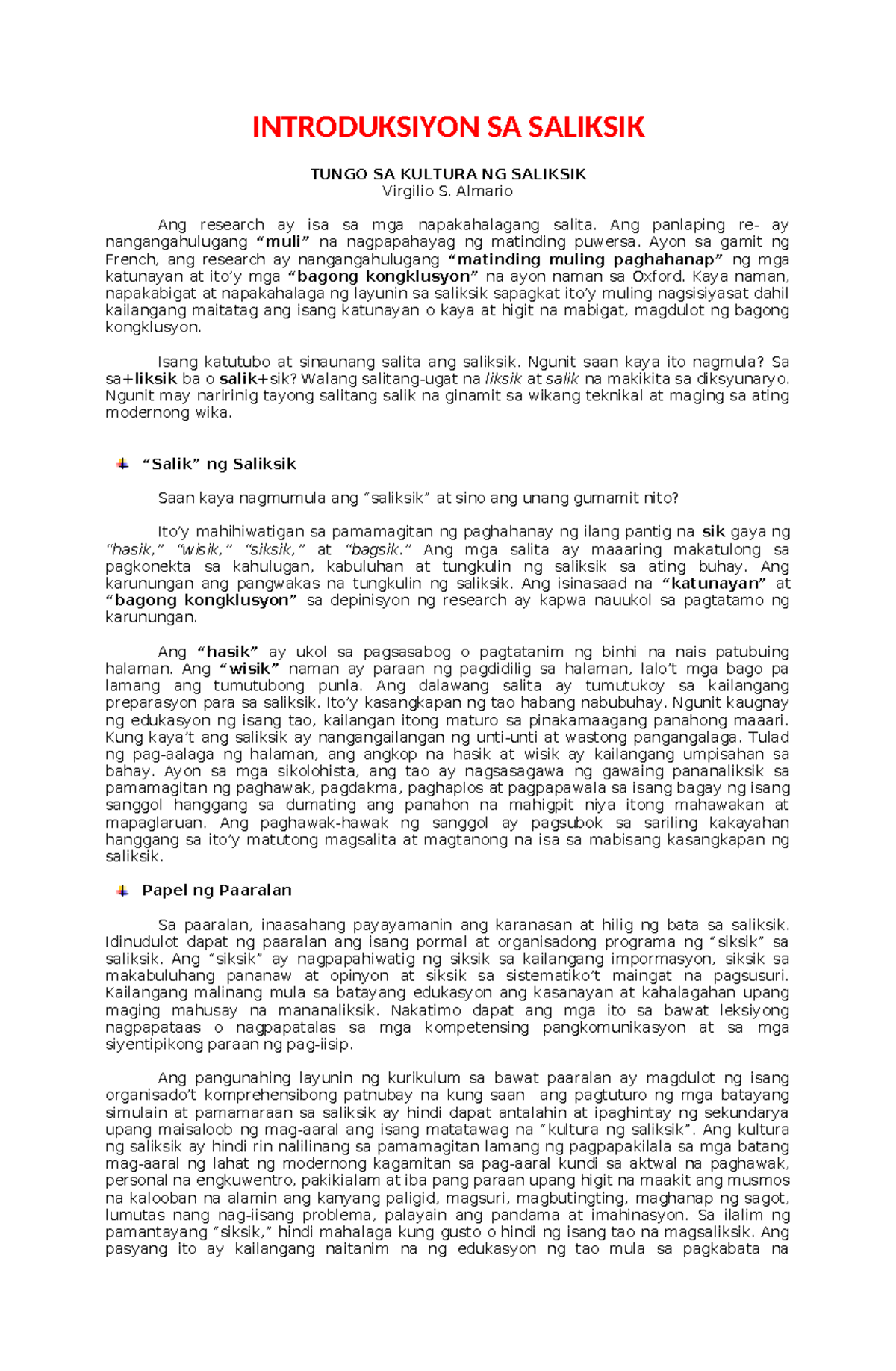 Introduksiyon SA Saliksik part 1 - INTRODUKSIYON SA SALIKSIK TUNGO SA ...