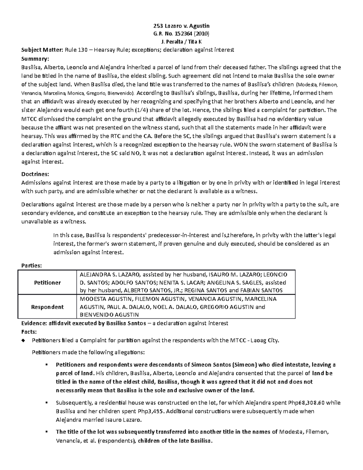 440552422 Lazaro v Agustin Digest fefefef - 253 Lazaro v. Agustin G. No ...