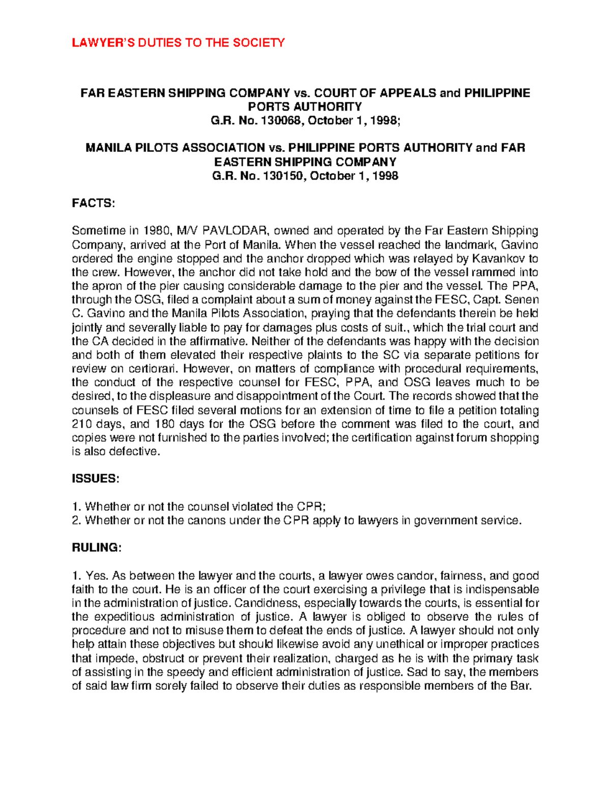 7. Far Eastern Shipping Co. v. CA, G.R. No. 130068 G.R. No. 130150 ...