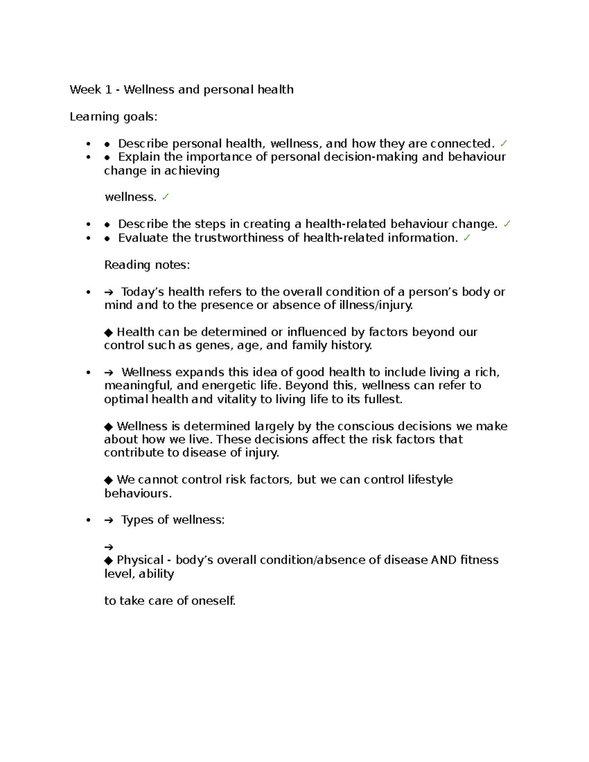 Week 1 - Readings week 1 - Week 1 - Wellness and personal health Learning goals: Describe - Studocu