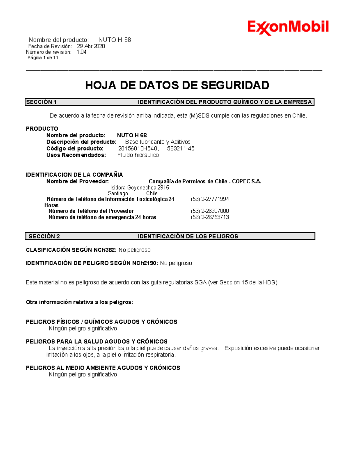 Aceite Hidráulico anti-desgastante (NUTO H 68) - Fecha de Revisión: 29 ...