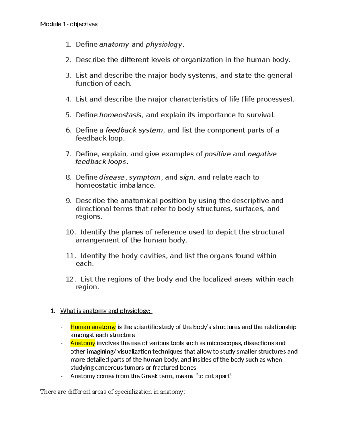 Module 1- bio1593 intro to human bod - Define anatomy and physiology ...