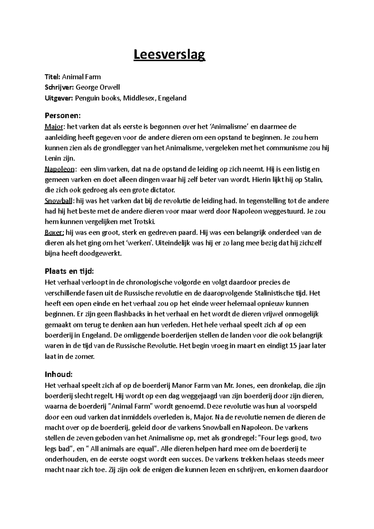 Leesverslag Animal Farm - Leesverslag Titel: Animal Farm Schrijver ...