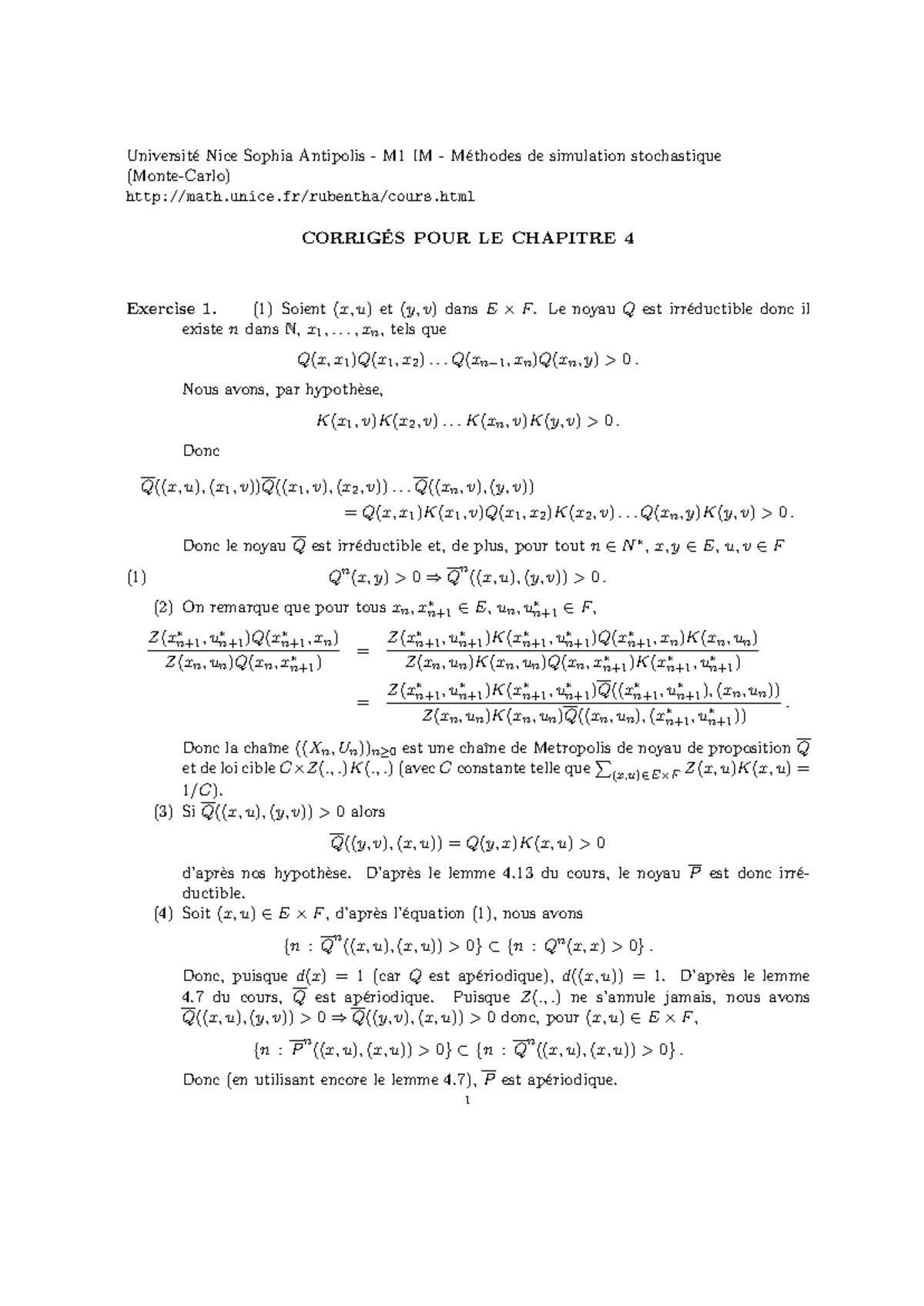 Mc poly chap4 corriges - Correction of Monte Carlo exercices - Université Nice Sophia Antipolis ...