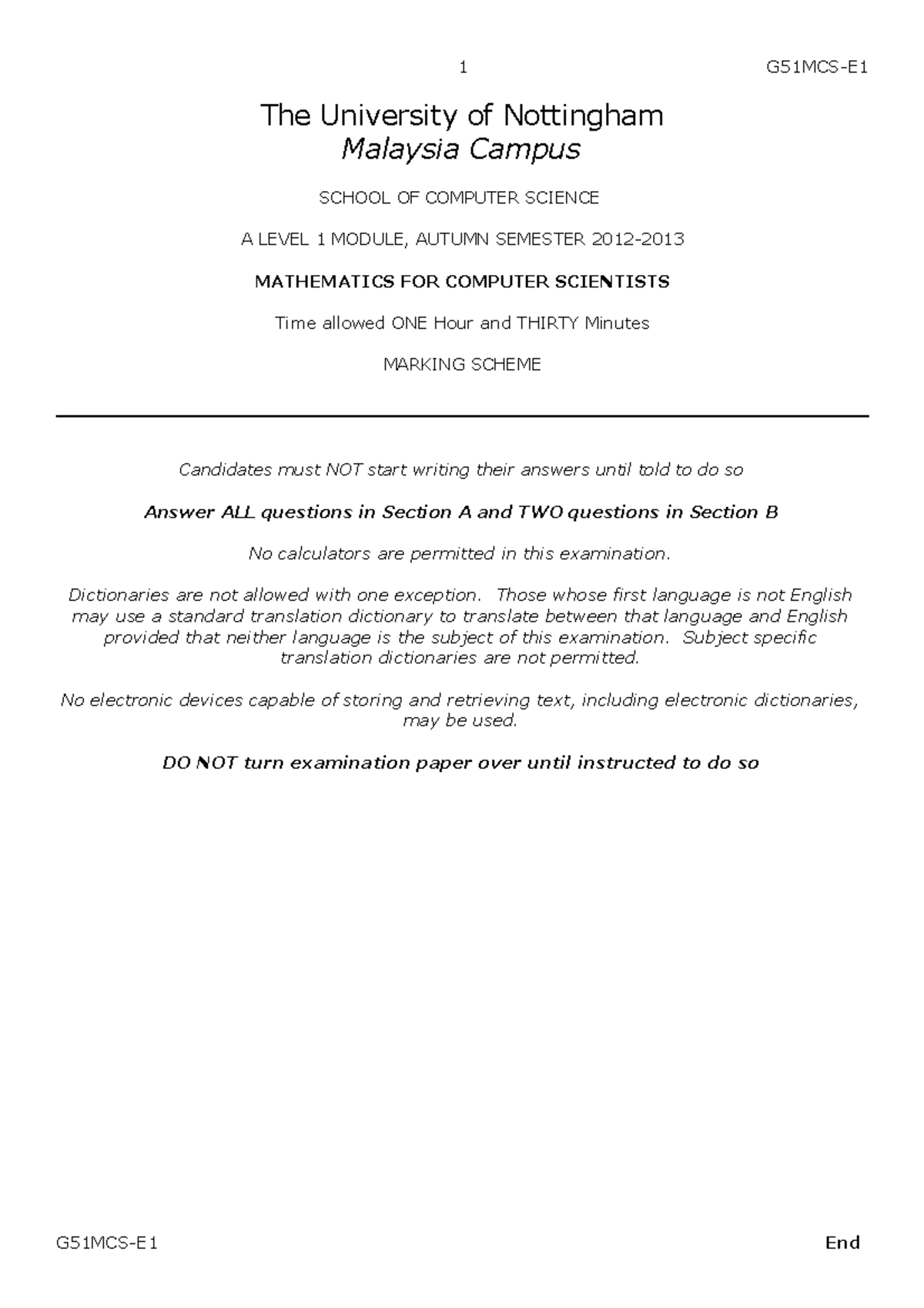 Exam January 2013, questions and answers - 1 G51MCS-E1 The University ...