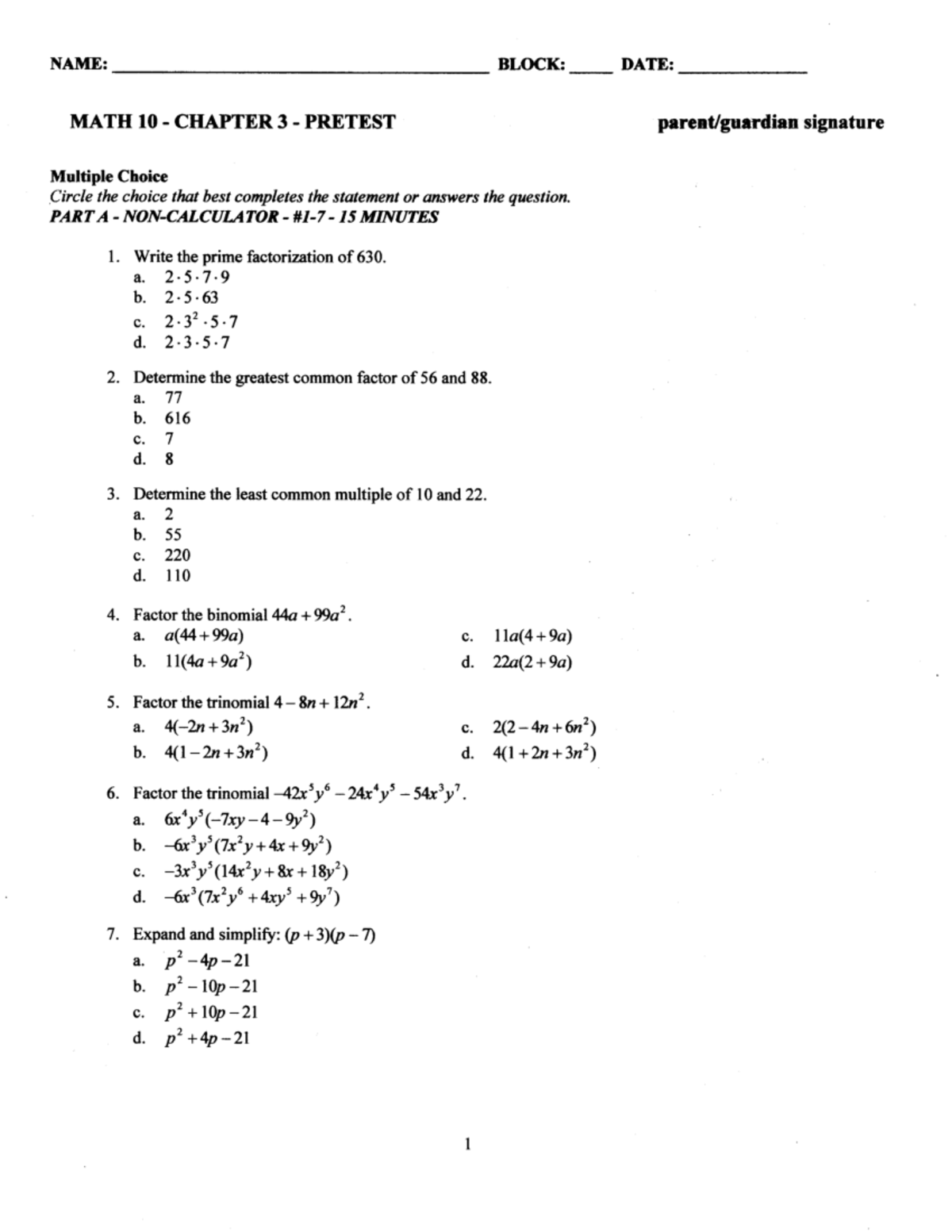 Math Ch3-pretest without answer key - binomials - factoring - operation ...