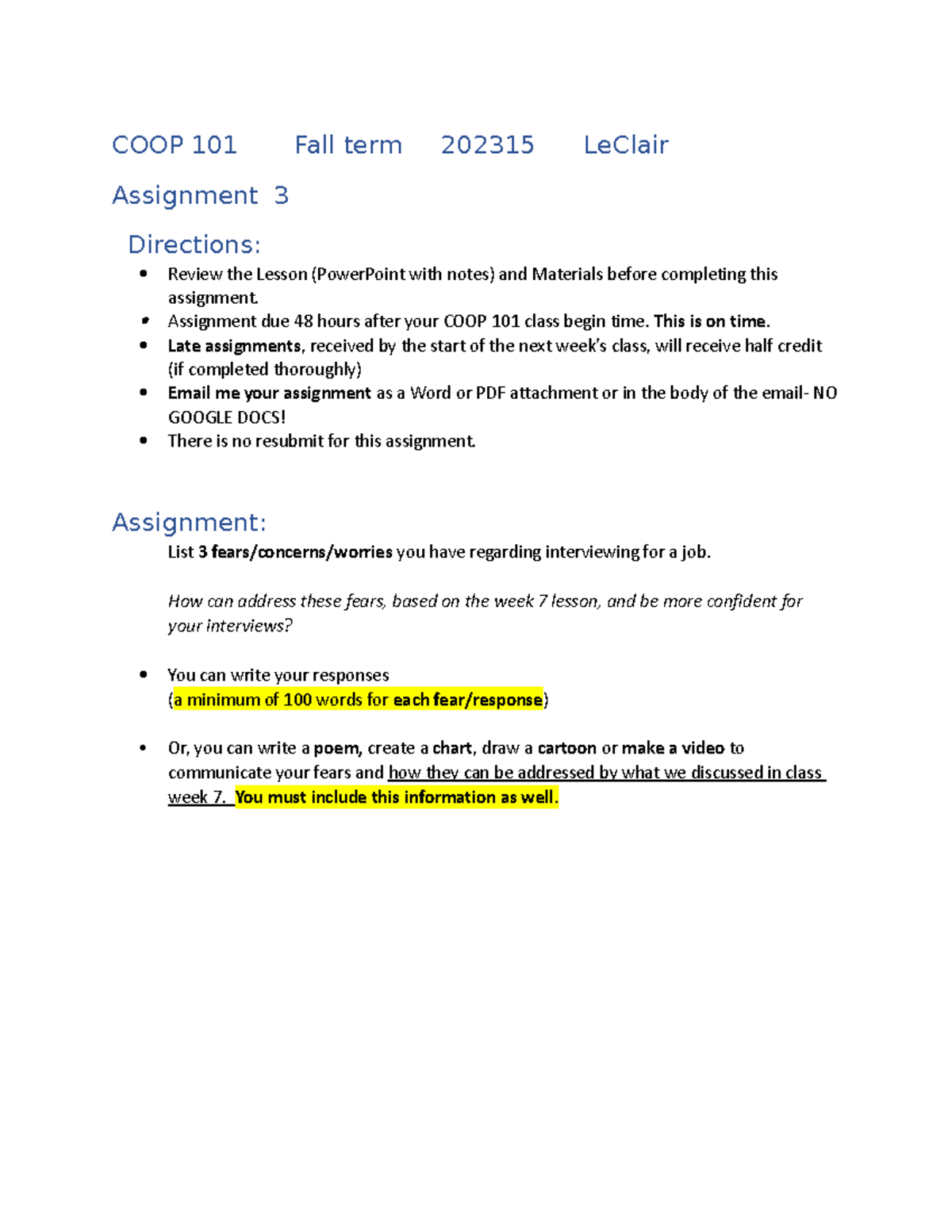 Assignment 3 FALL - notes - COOP 101 Fall term 202315 LeClair ...