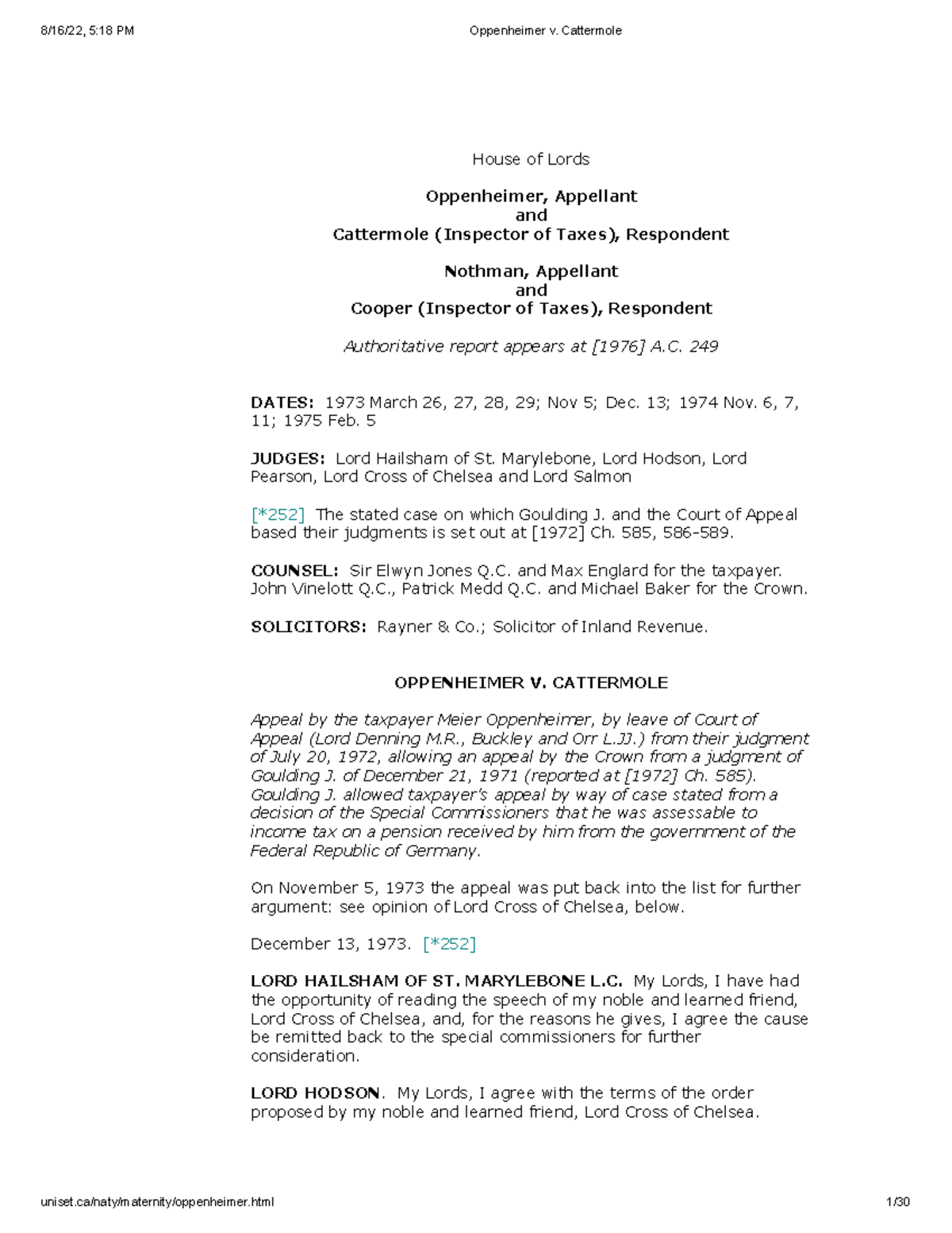 Oppenheimer v. Cattermole - House of Lords Oppenheimer, Appellant and ...
