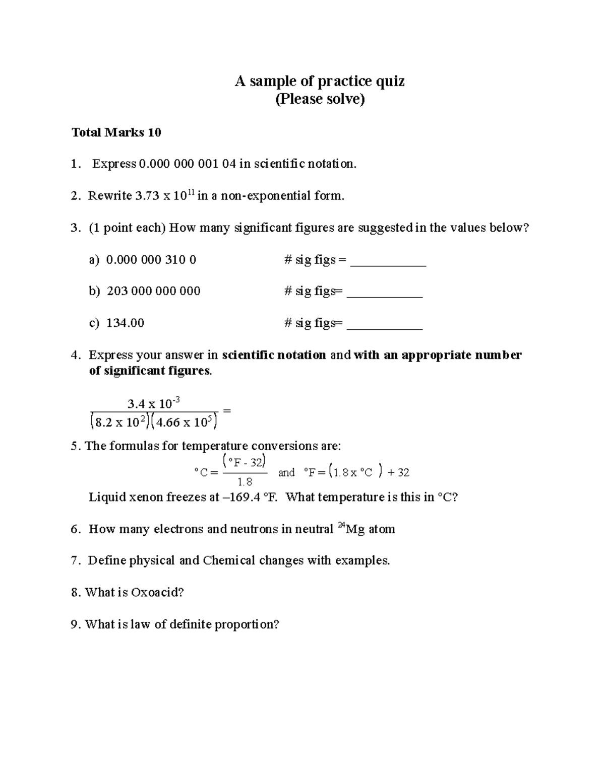 Practice Quiz Sample - A sample of practice quiz (Please solve) Total ...