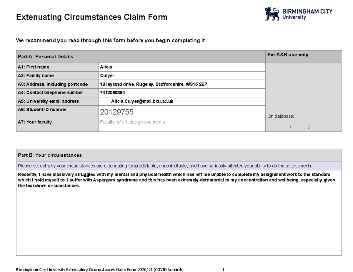 Extenuating Circumstances Claim Form 2020 21 Covid Amends - Extenuating ...