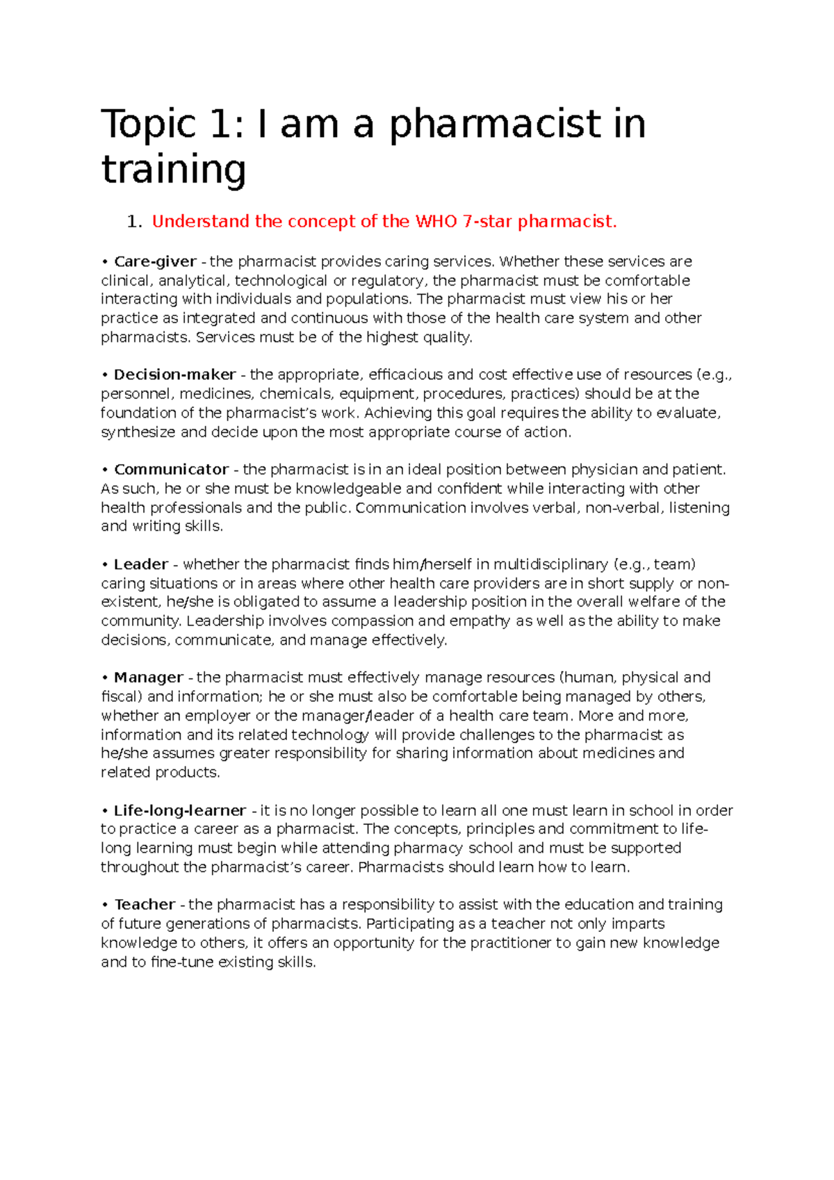 Topic 1-3 Notes - Topic 1: I am a pharmacist in training 1. Understand ...