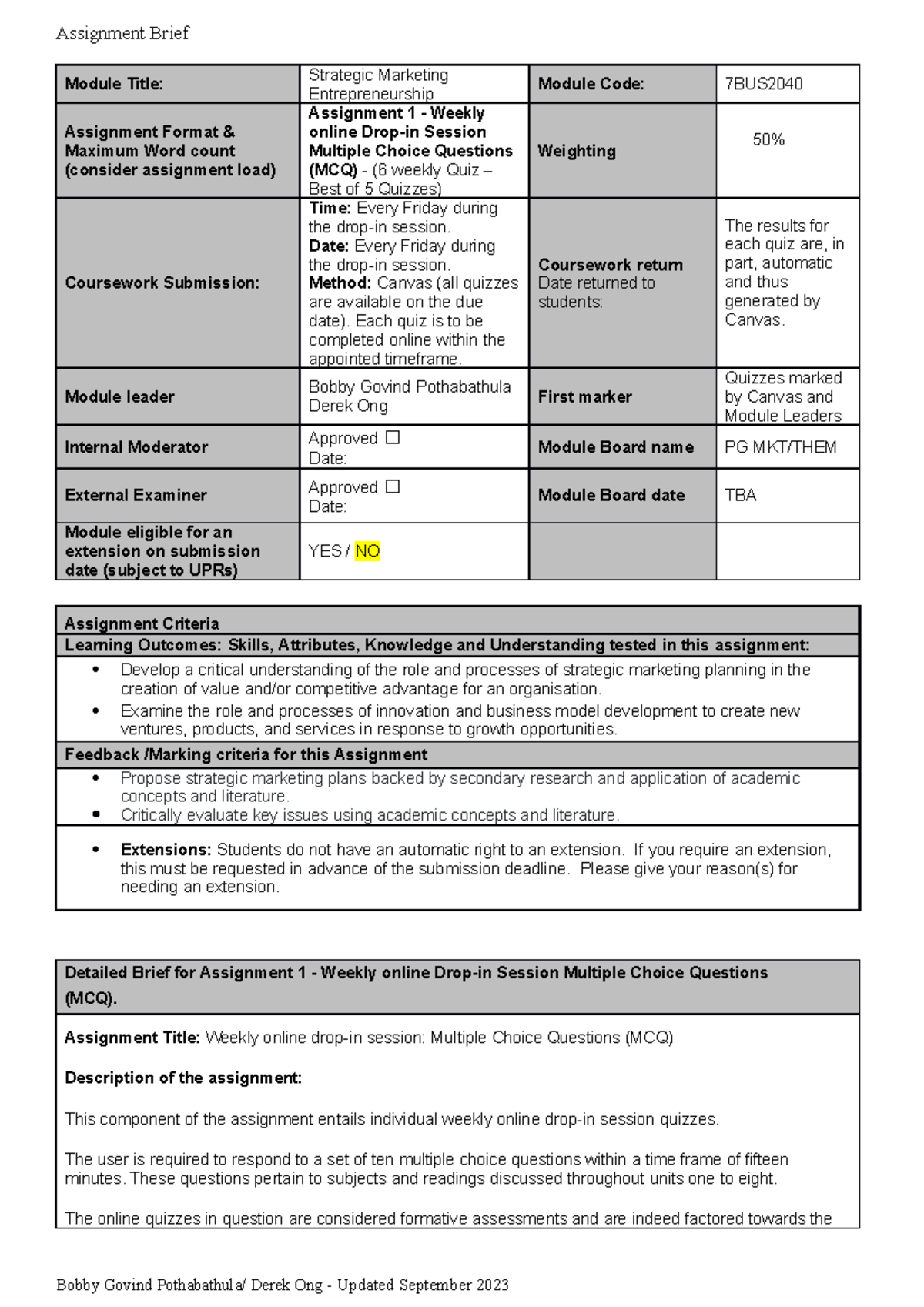 7BUS2040-0901 SME Sem A 2023-24 Assignment 1 - Weekly Online Drop-in session Multiple Choice ...