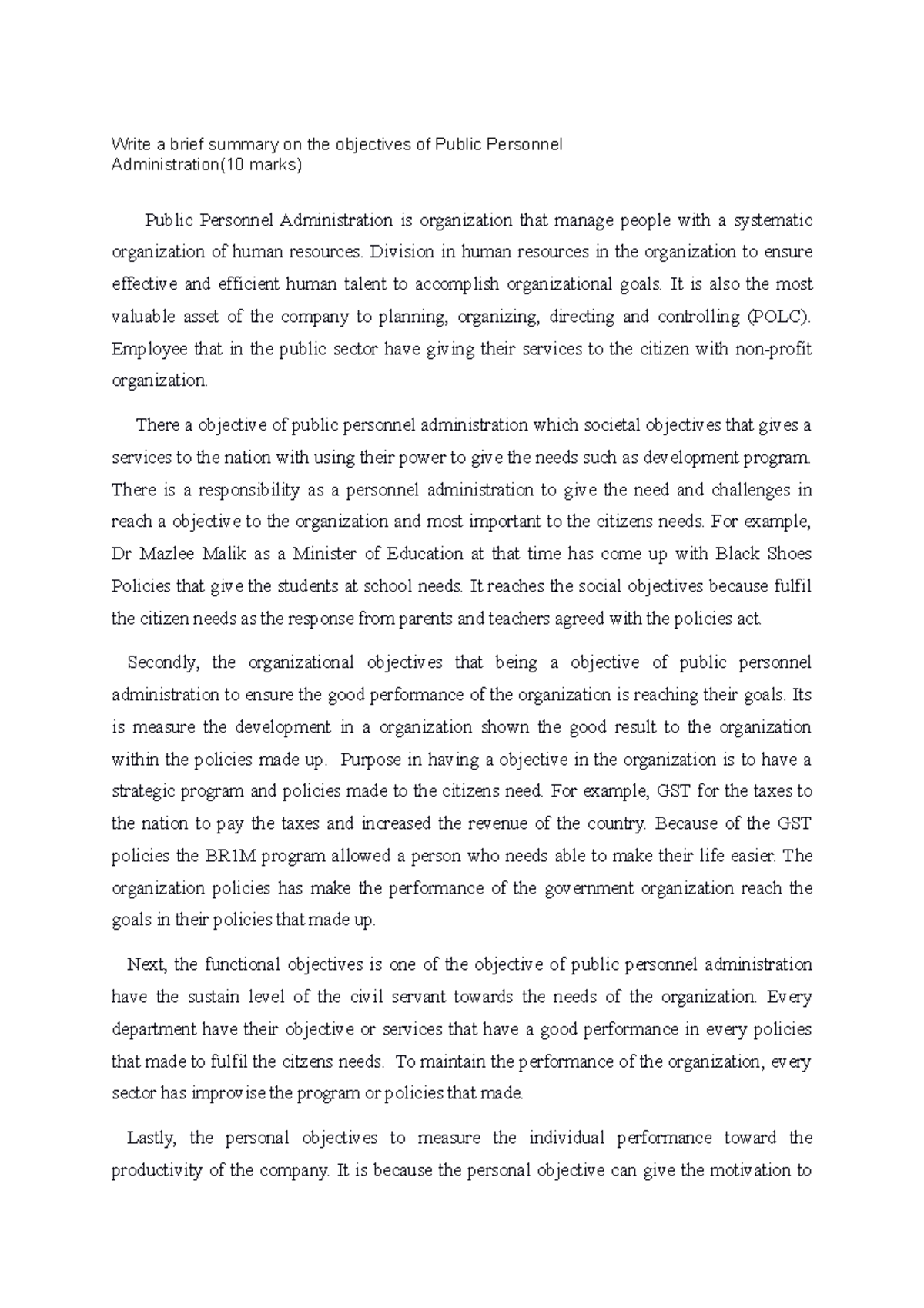 Write a brief summary on the objectives of Public Personnel ...