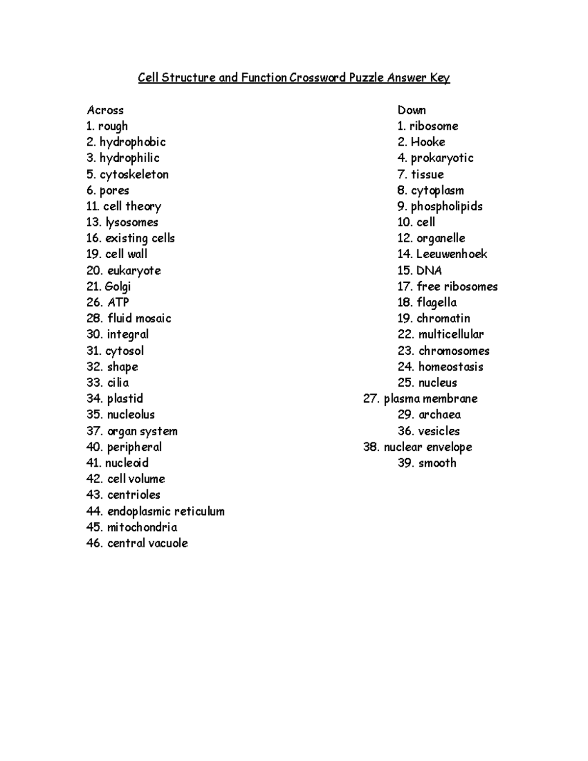 Cell Structure And Function Crossword Puzzle Answer Key Ribosome