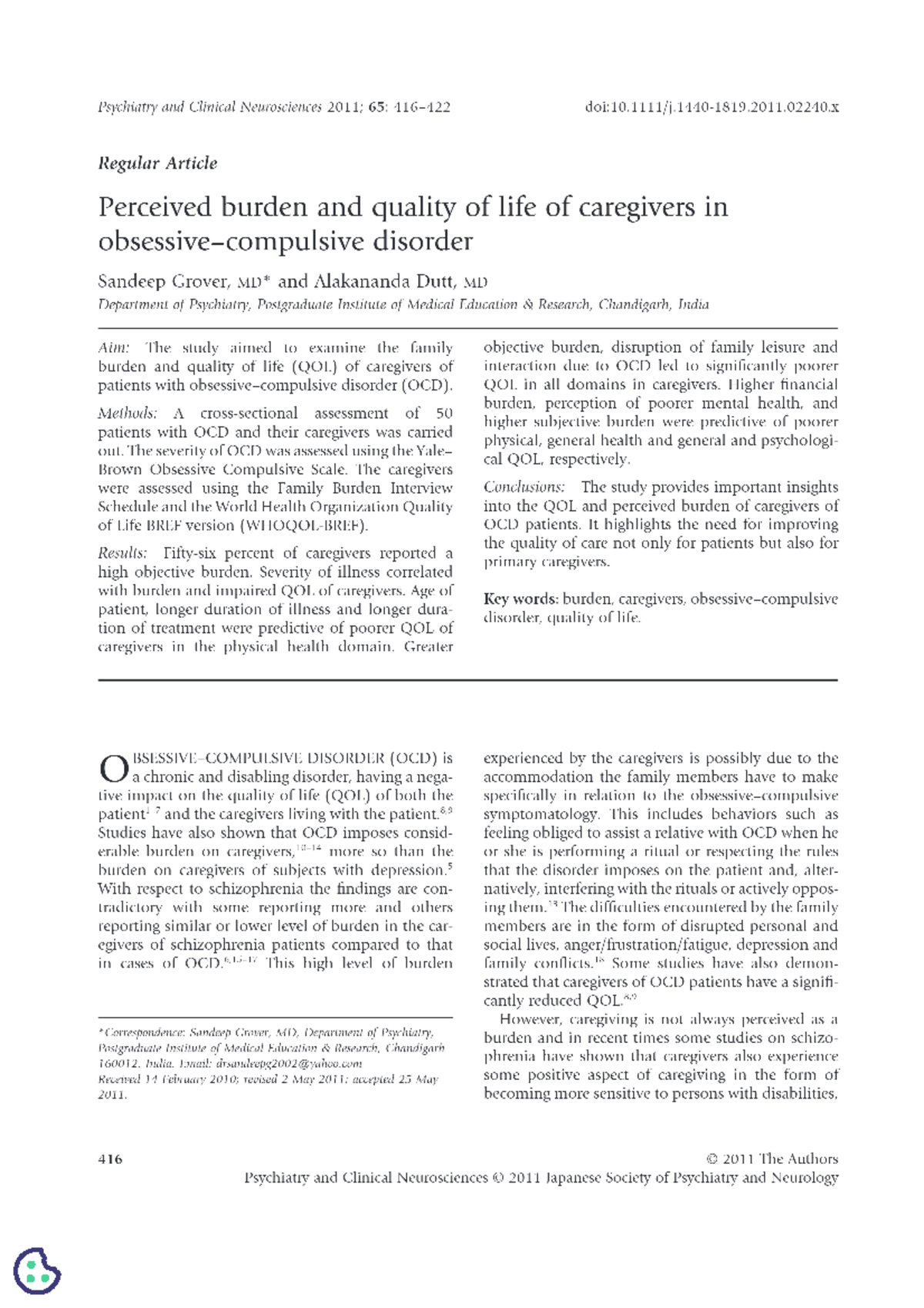 Perceived burden and quality of life of caregivers in obsessive ...