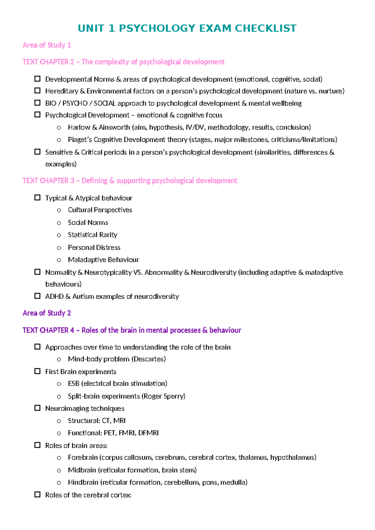 U1 Exam Checklist 2024 - UNIT 1 PSYCHOLOGY EXAM CHECKLIST Area of Study ...