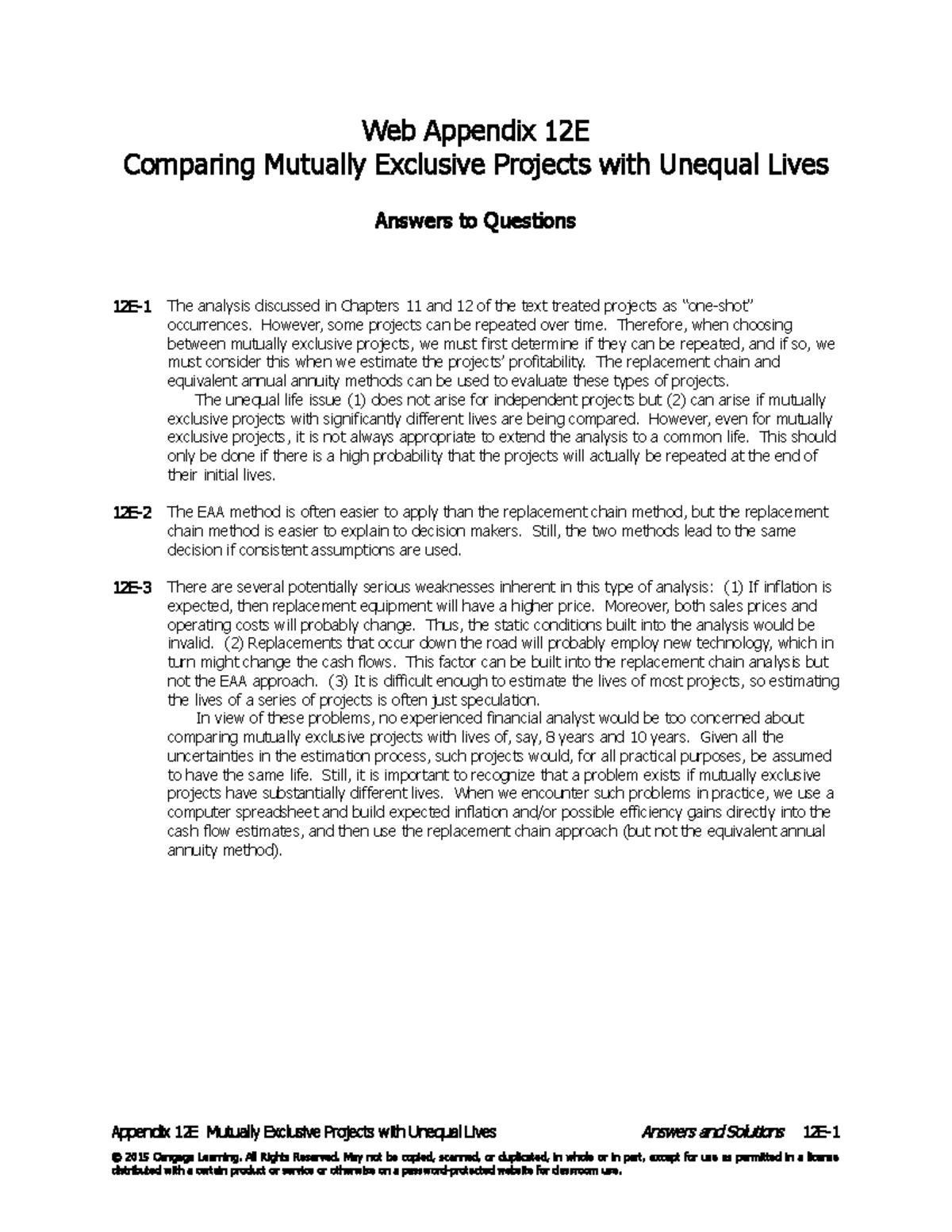 CFFM8 IM WEB 12E - Web Appendix 12E Comparing Mutually Exclusive Projects with Unequal Lives ...