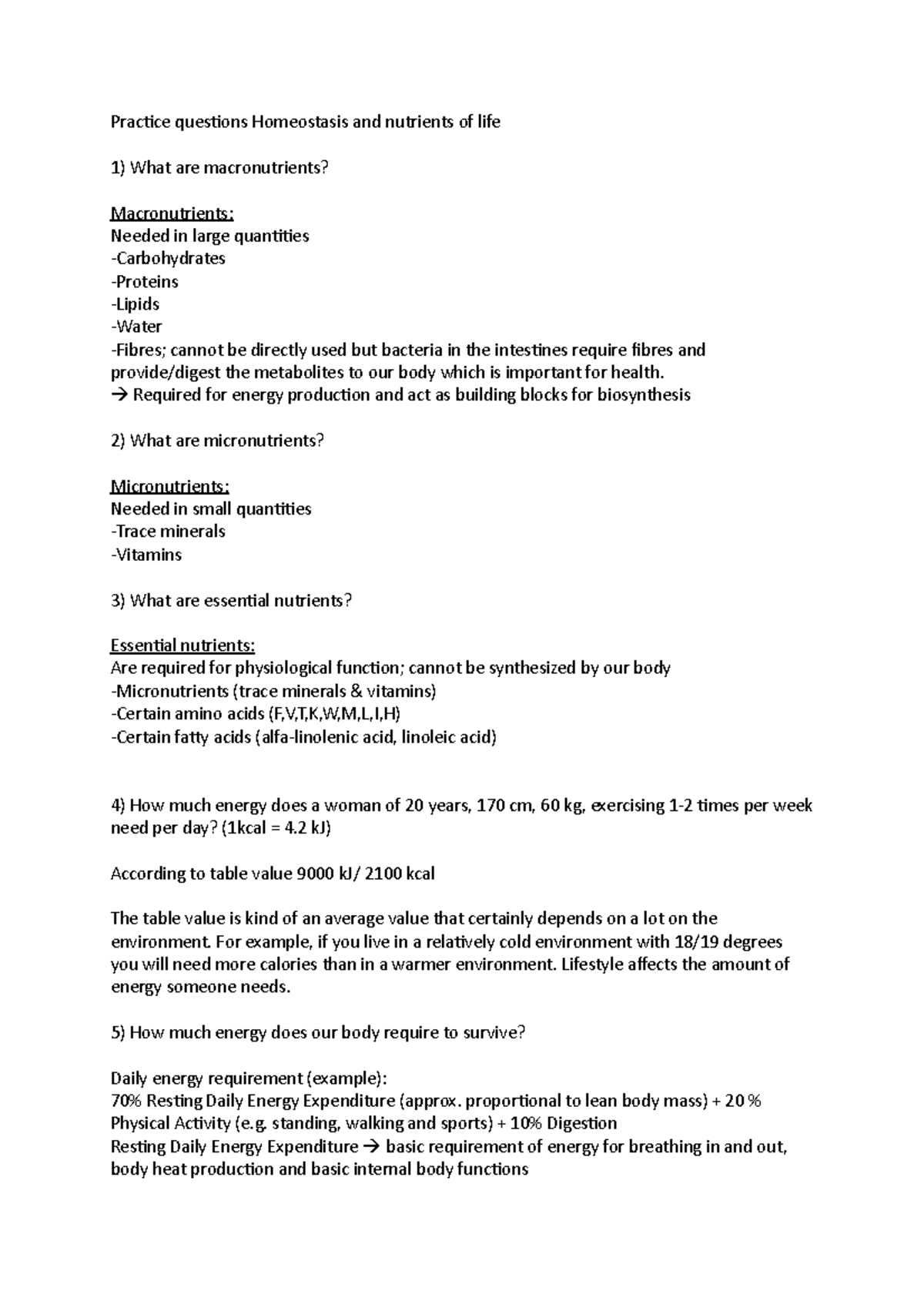 Practice questions Homeostasis and nutrients of life- BBS1002 ...