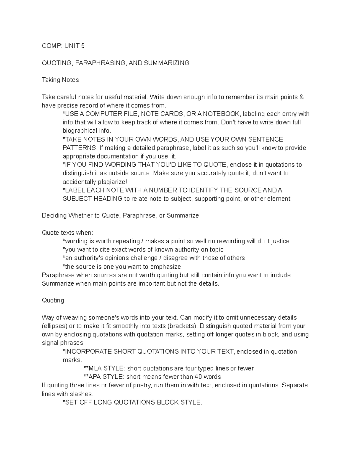 College Comp I Unit 5 Readings - COMP: UNIT 5 QUOTING, PARAPHRASING ...