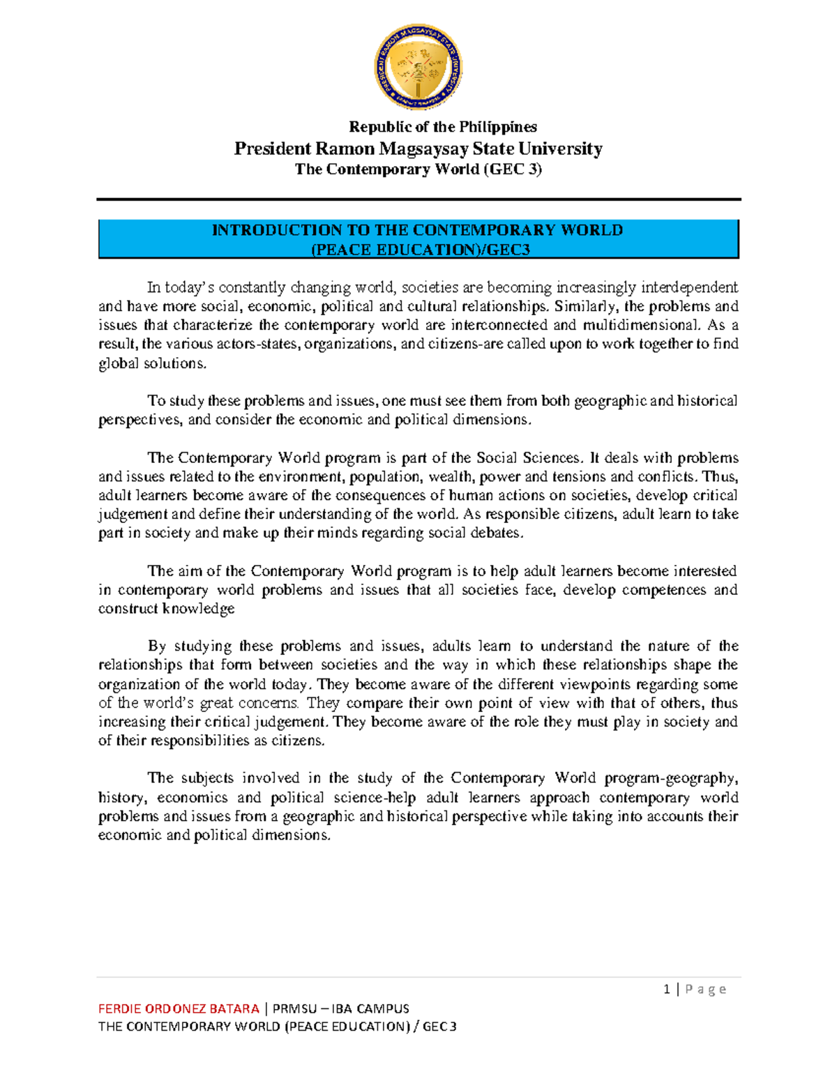 CW-Module-1 - Notes - 1 | P a g e FERDIE ORDONEZ BATARA | PRMSU – IBA ...