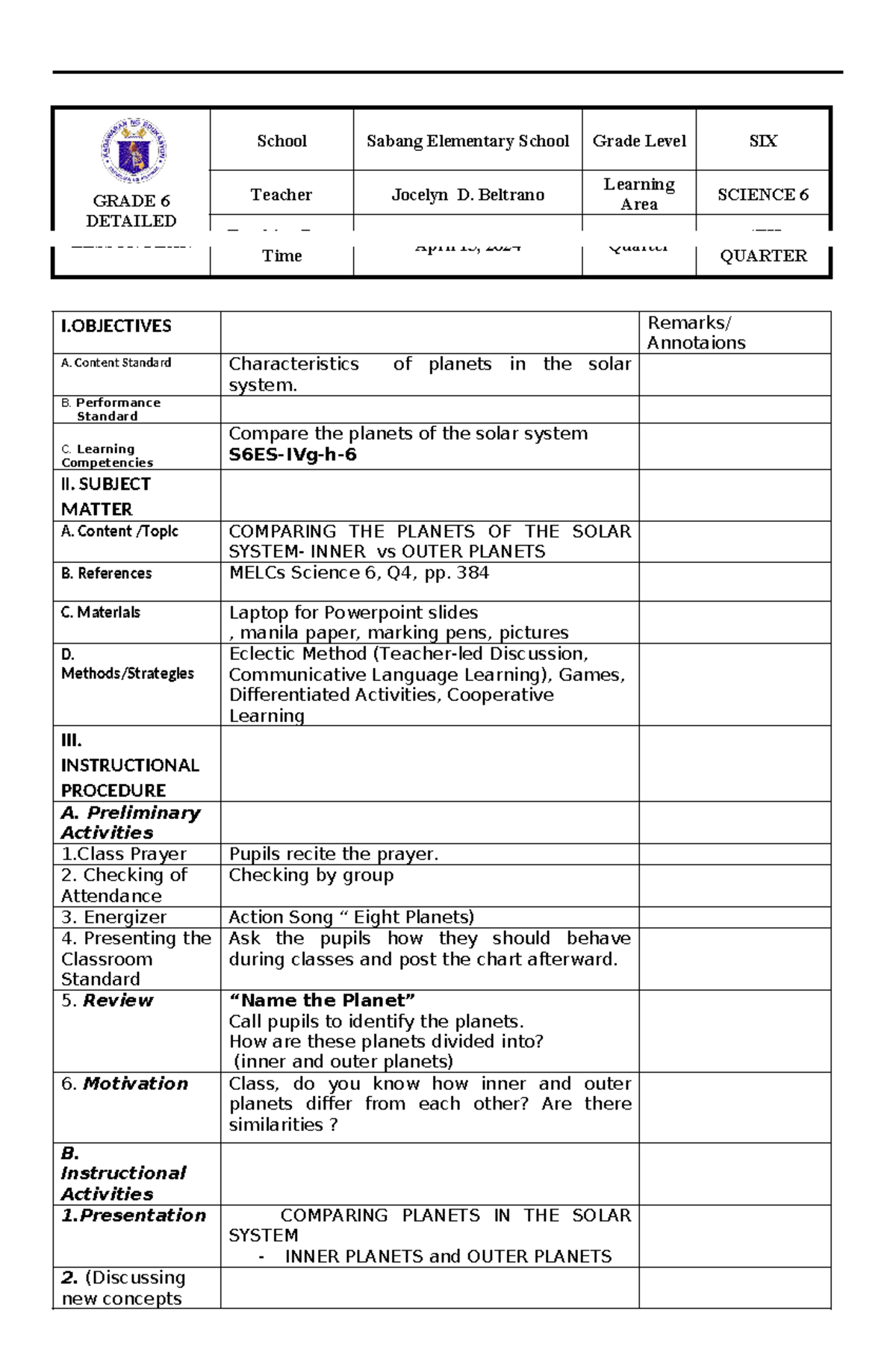 DLP IN Science- Solar System - GRADE 6 DETAILED LESSON PLAN School ...
