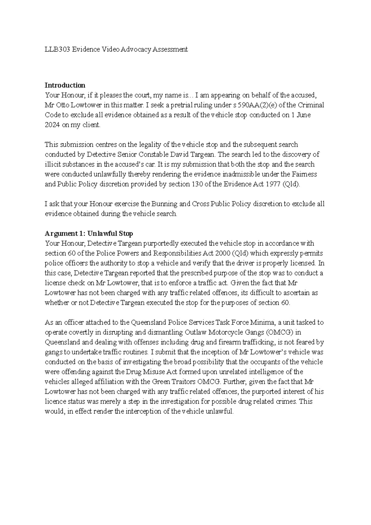 LLB303 Evidence Video Advocacy Script - LLB303 Evidence Video Advocacy ...