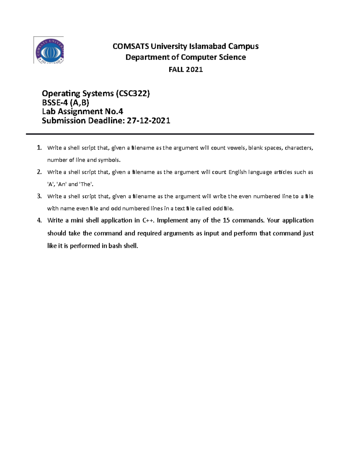 Lab Assignment 4 OS - lab codes - COMSATS University Islamabad Campus ...